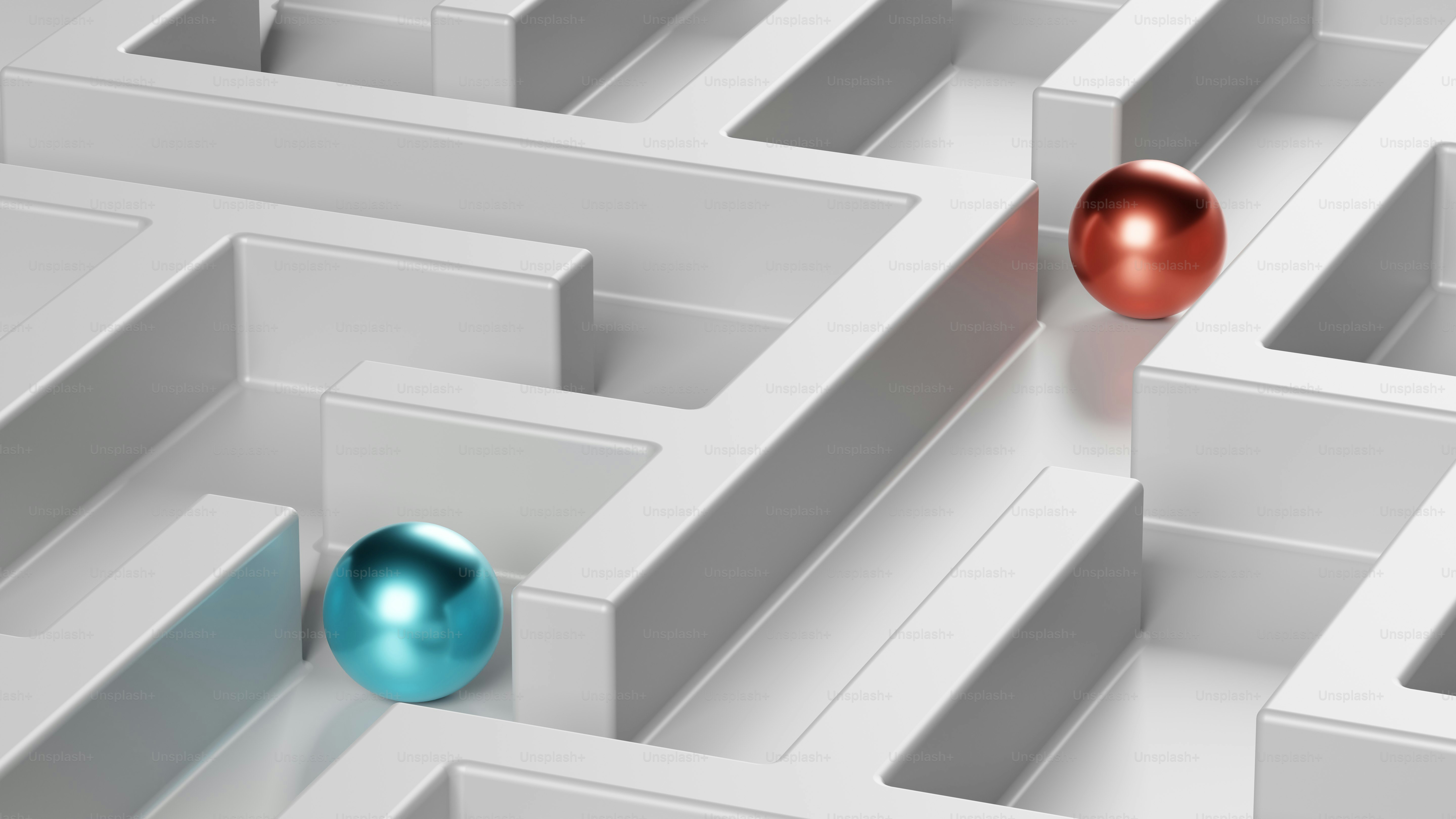 A red and blue ball are in the middle of a maze photo – Render Image on ...