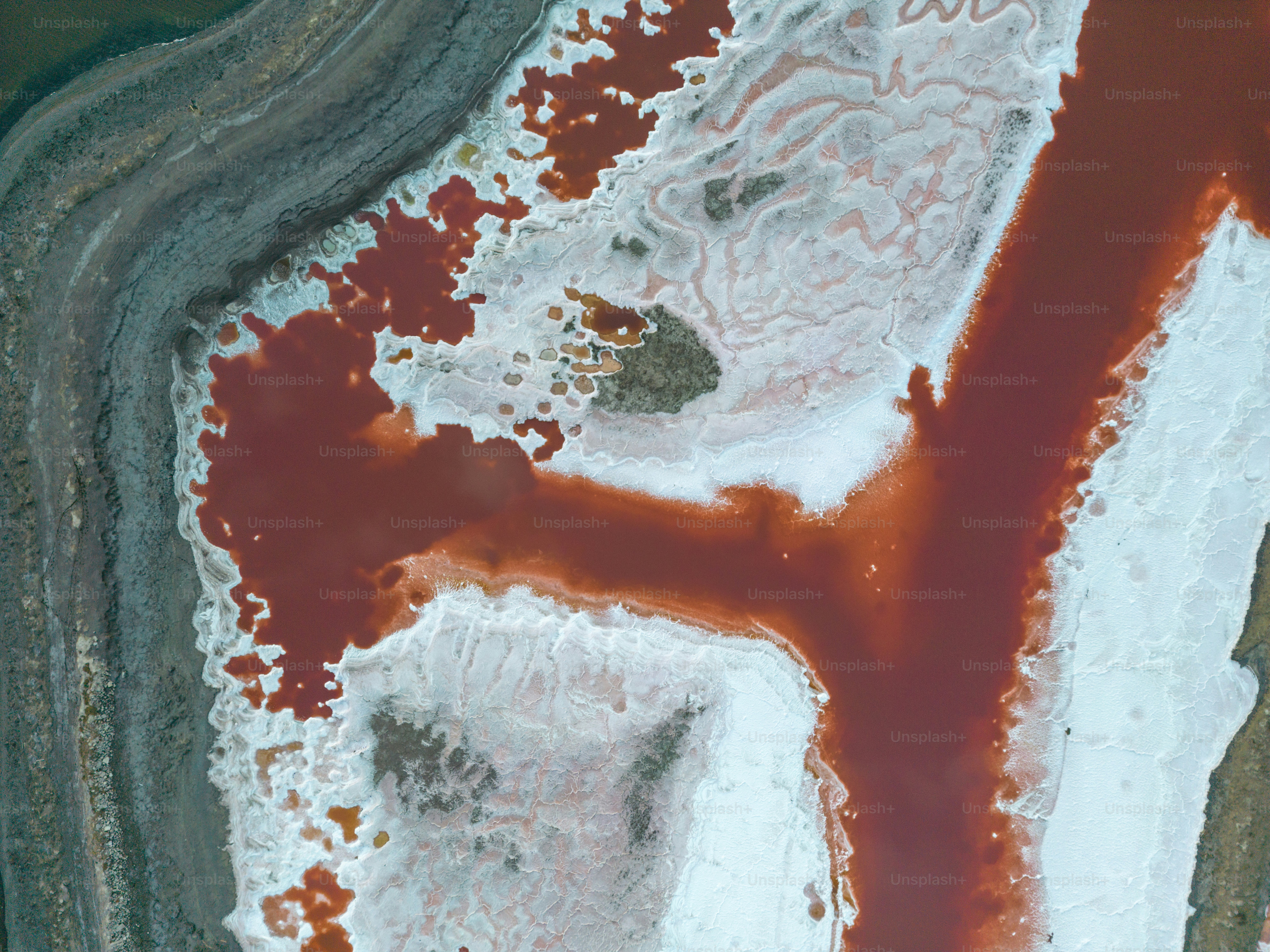 An aerial view of a body of water covered in red substance photo – Lake ...