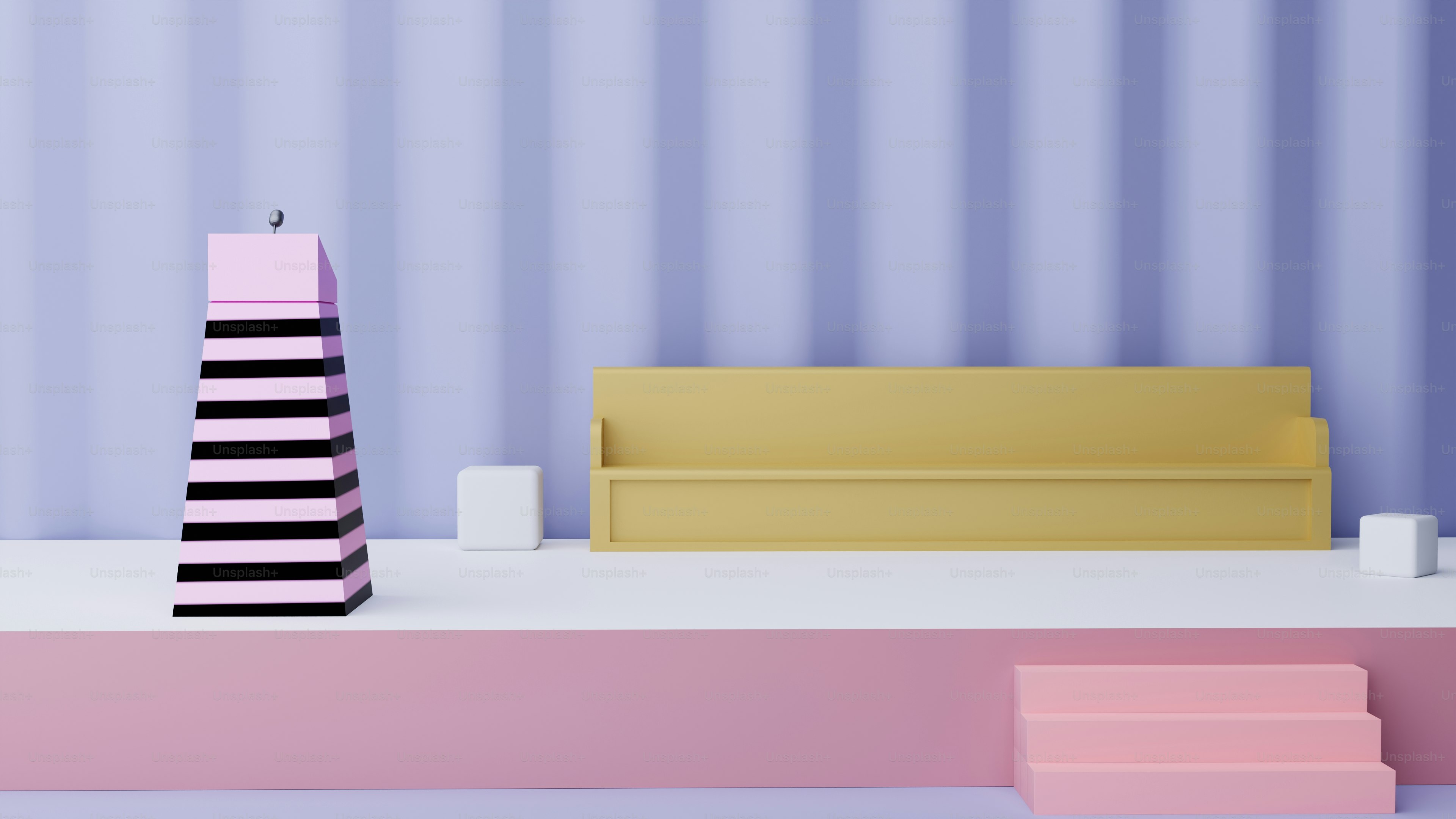 A pink and black striped tower next to a bench photo – Background Image ...