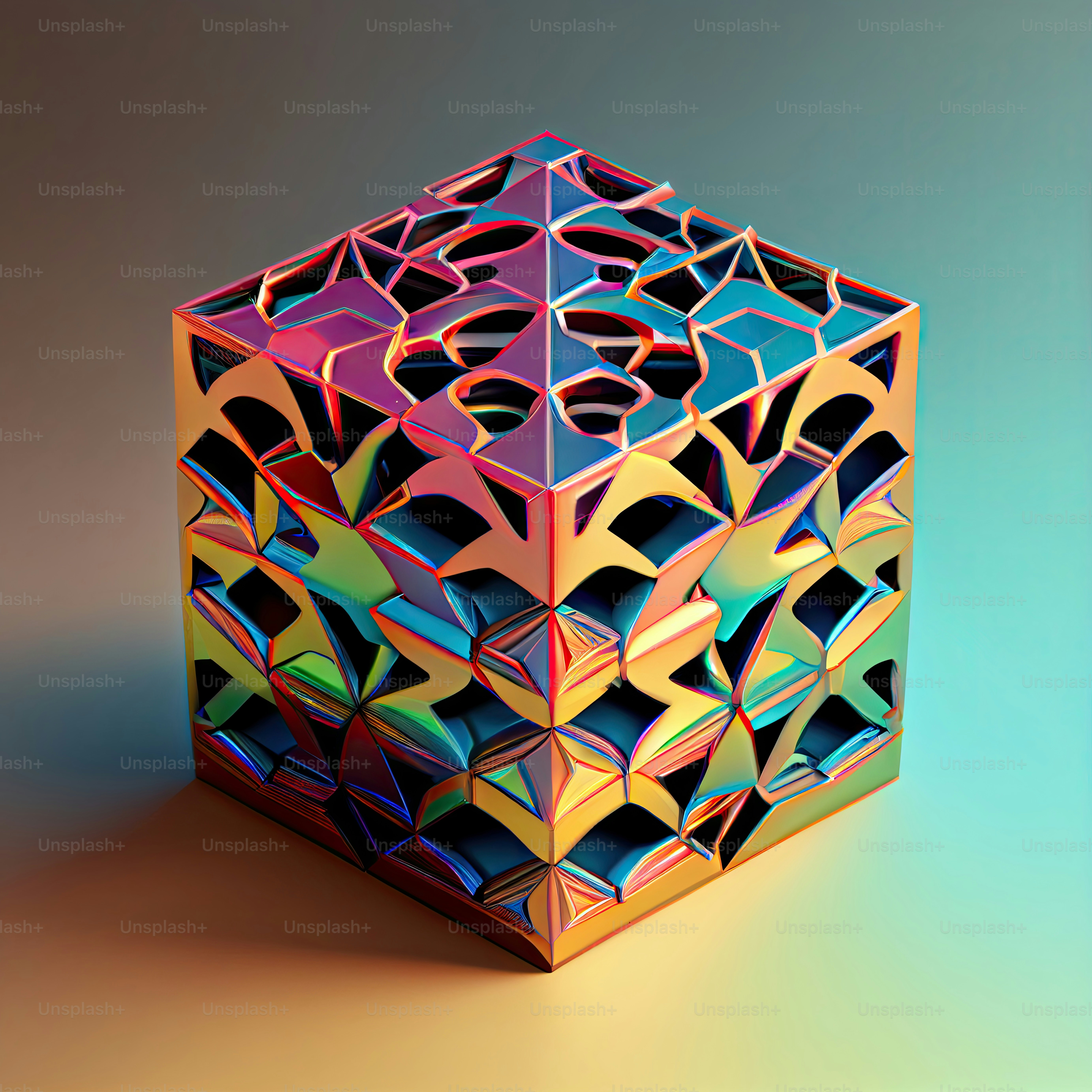 A multicolored cube sitting on top of a table photo – Digital art Image ...