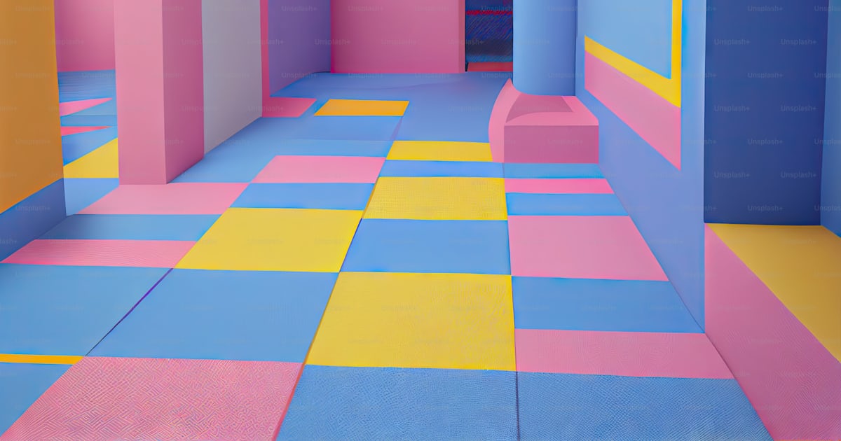 파란색 노란색 분홍색 벽이 있는 밝은 색상의 복도 사진 Unsplash의 컬러룸 Color Room 이미지
