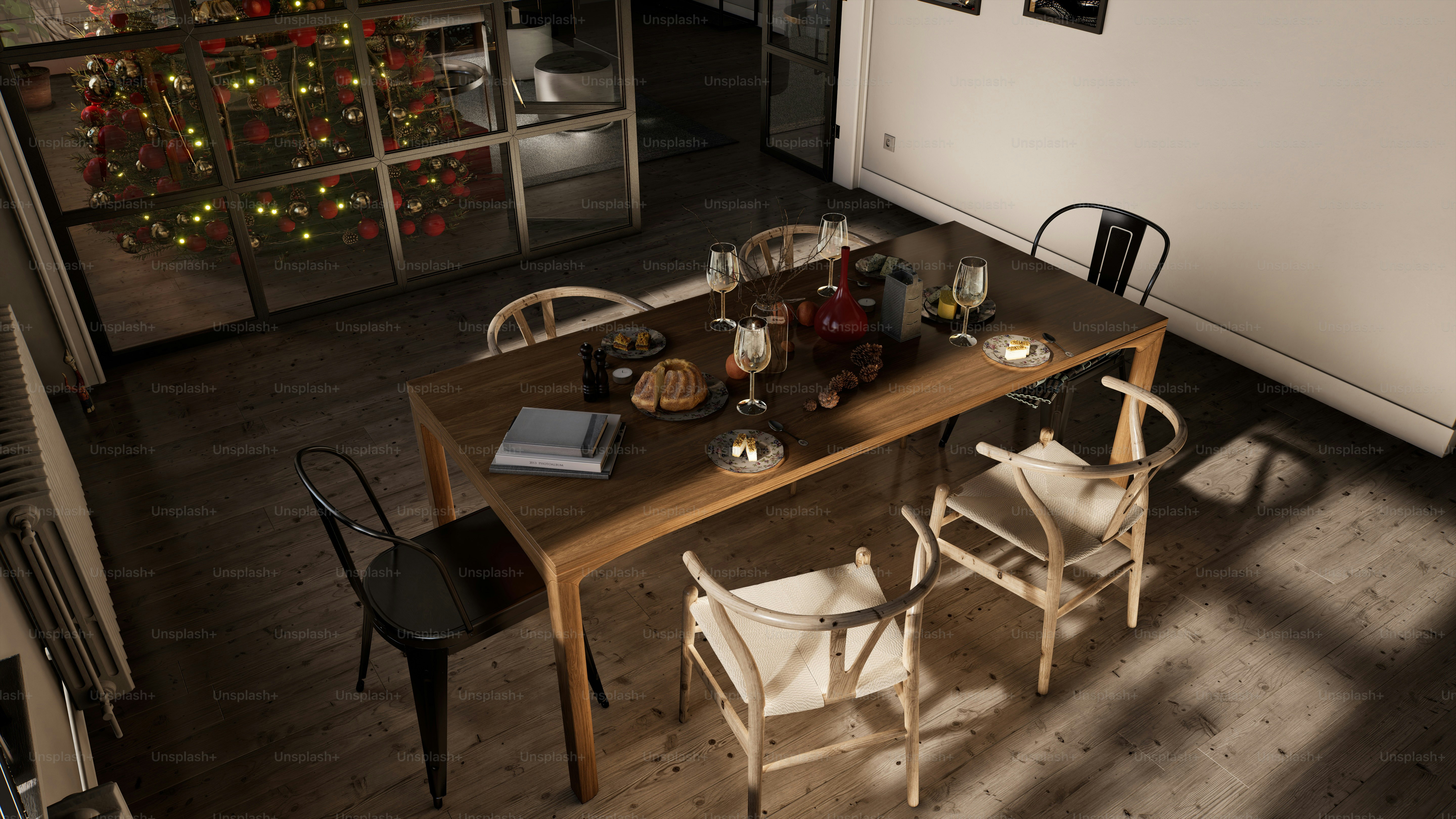 A table with chairs and a laptop on it photo – Dining table Image on ...