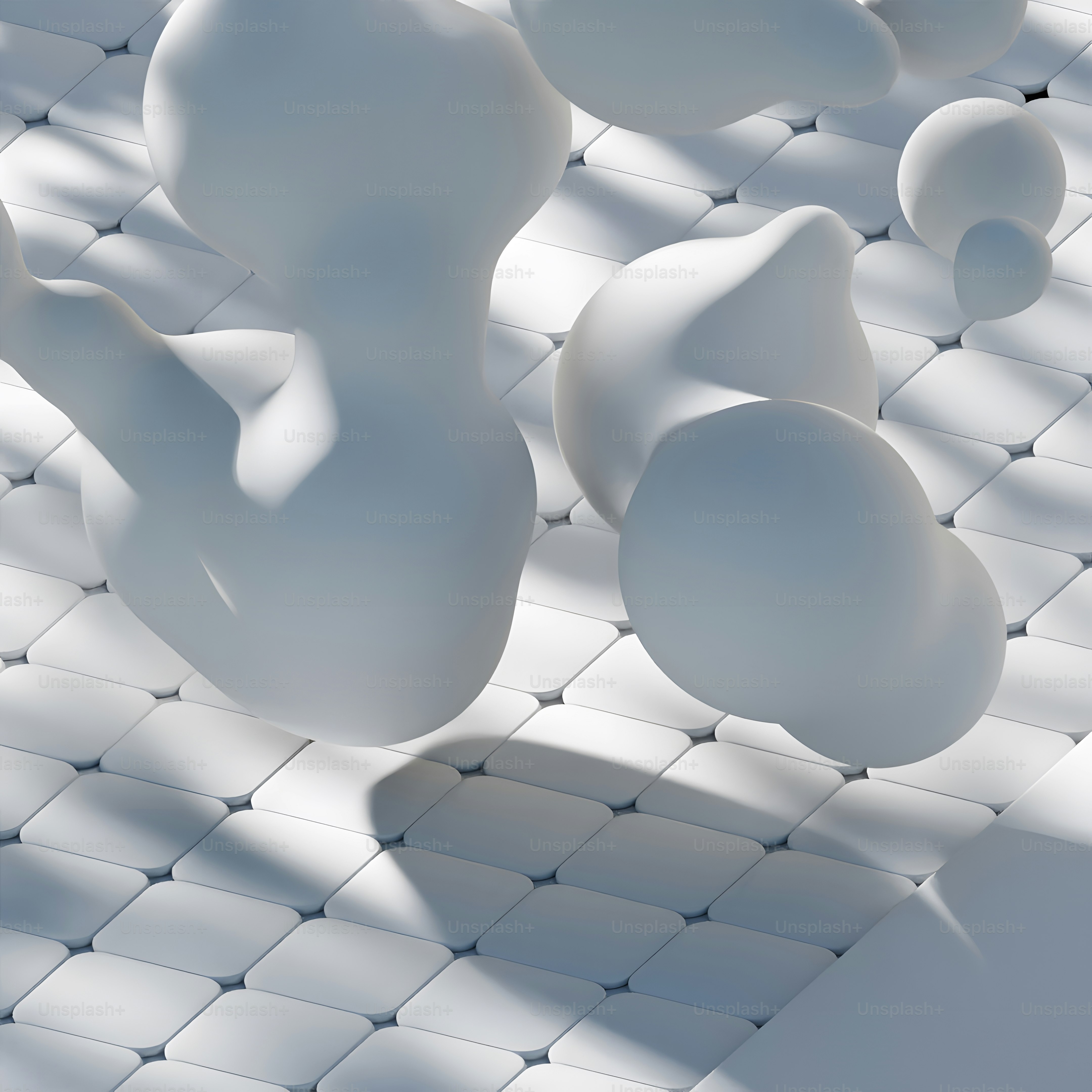 A group of white balls floating on top of a tiled floor photo – Bright ...