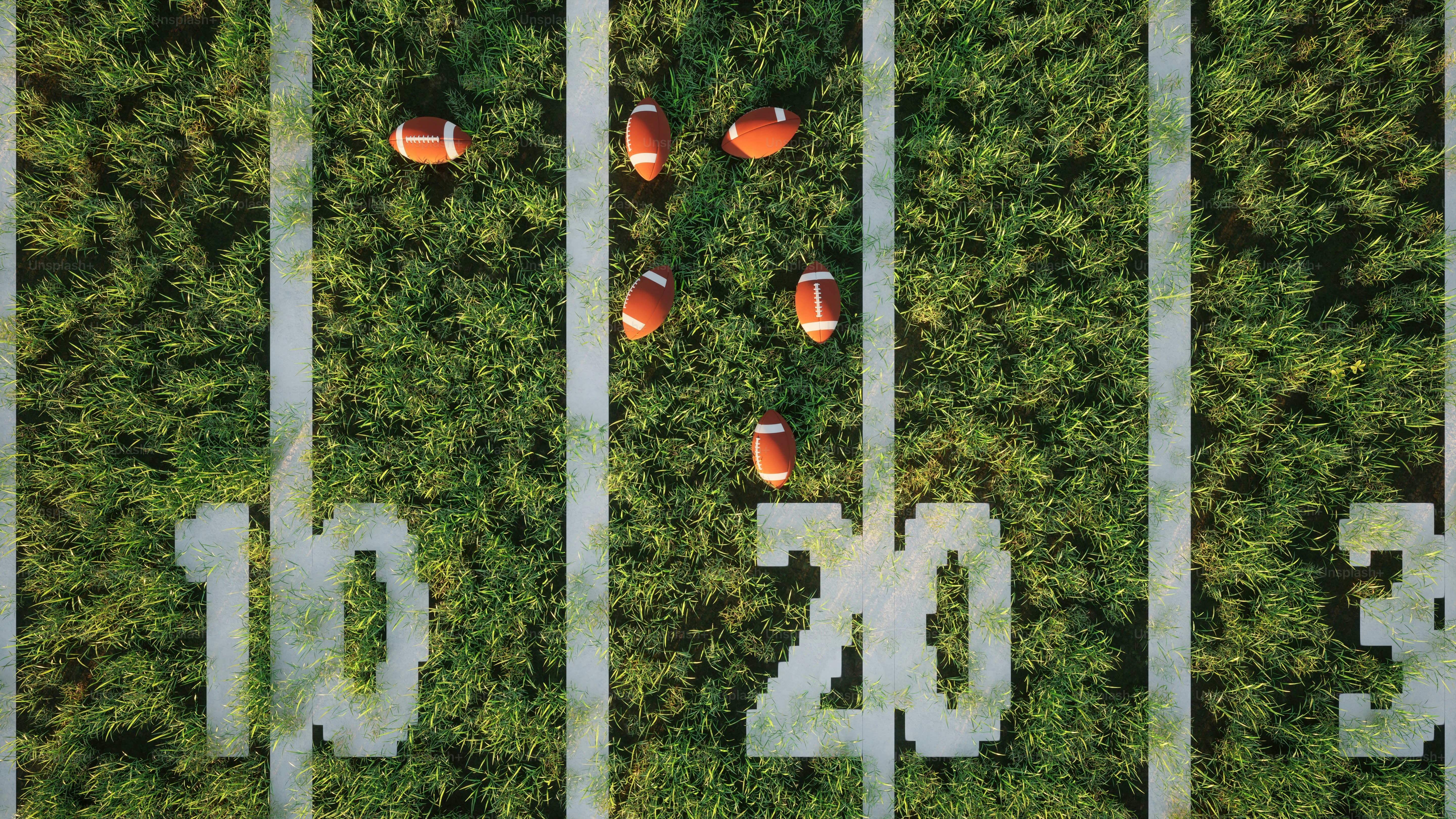 An aerial view of a football field with the numbers 10, 10, 10, photo ...