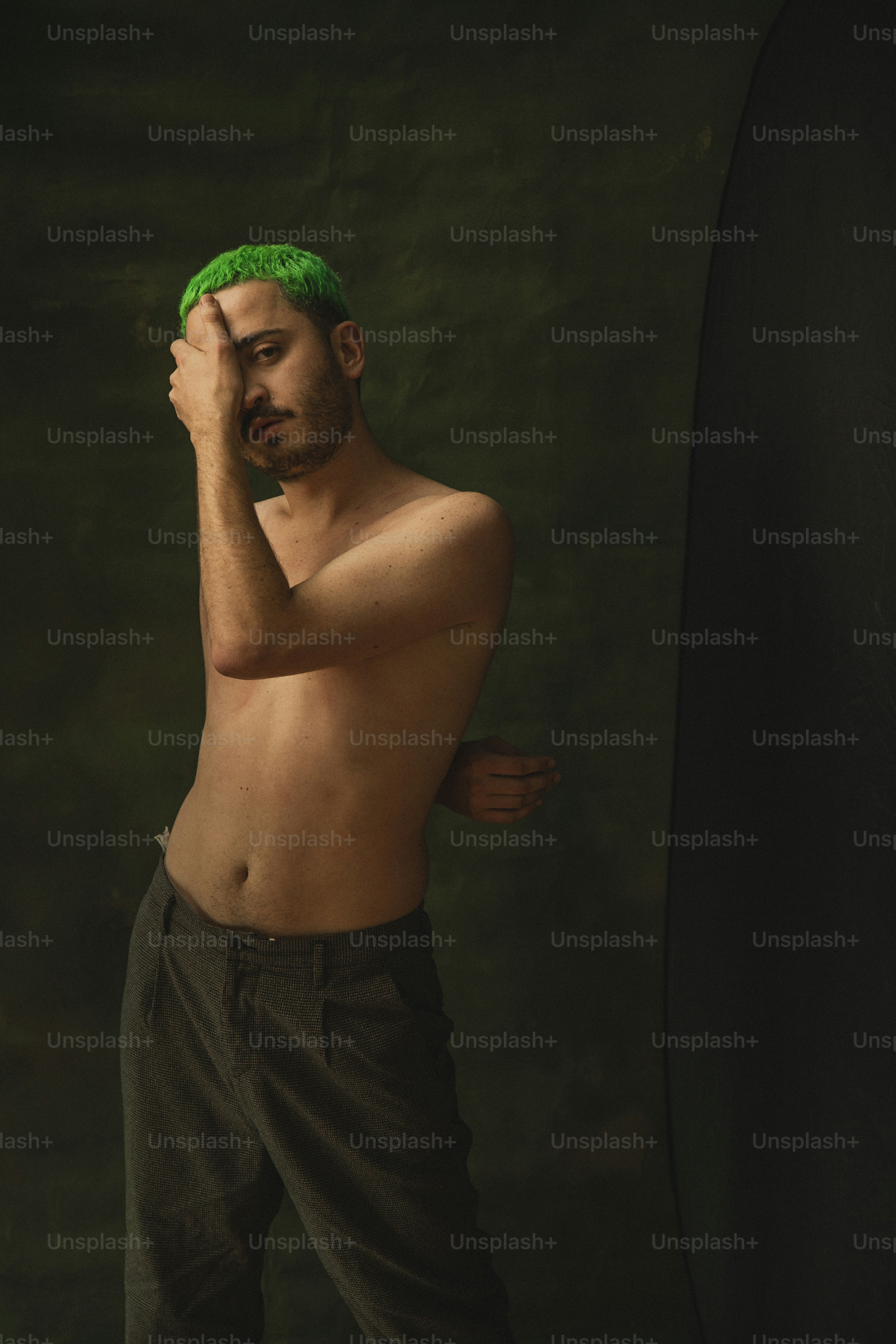 A shirtless man with a green mohawk on his head photo – Green hair ...