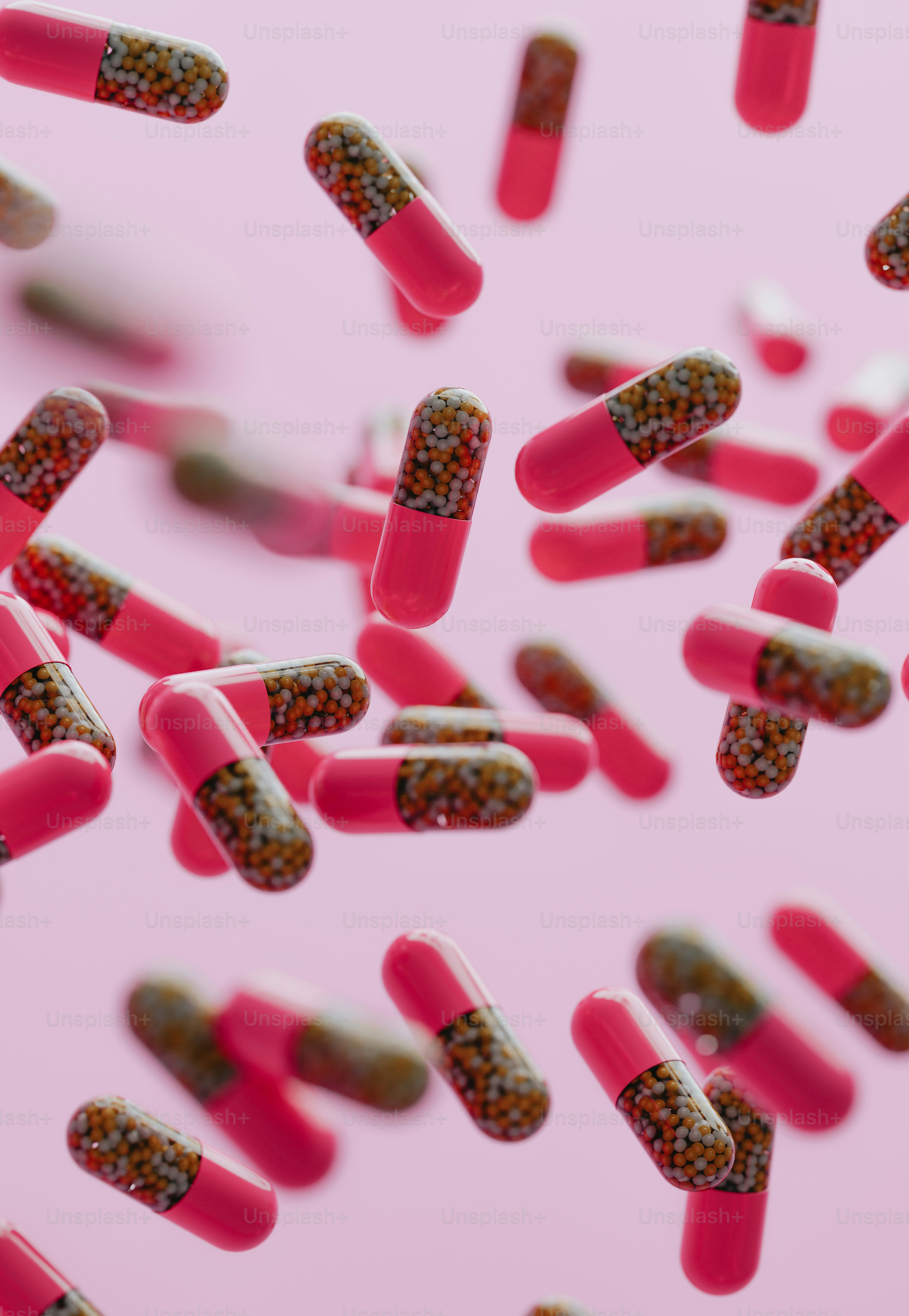 Foto Un montón de pastillas están volando en el aire – Medicamento ...