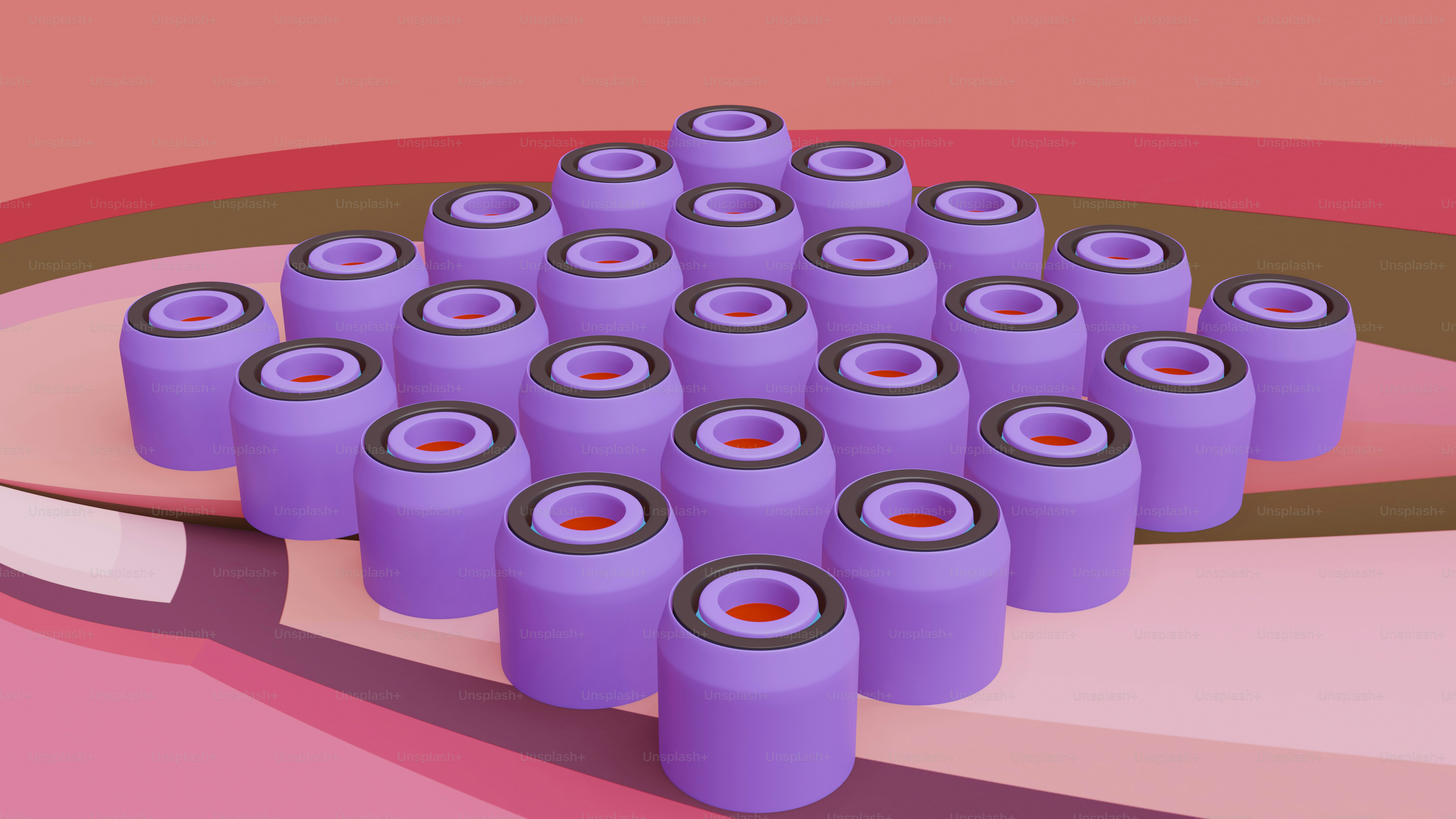 A bunch of purple barrels sitting on top of a table photo – 3d render ...
