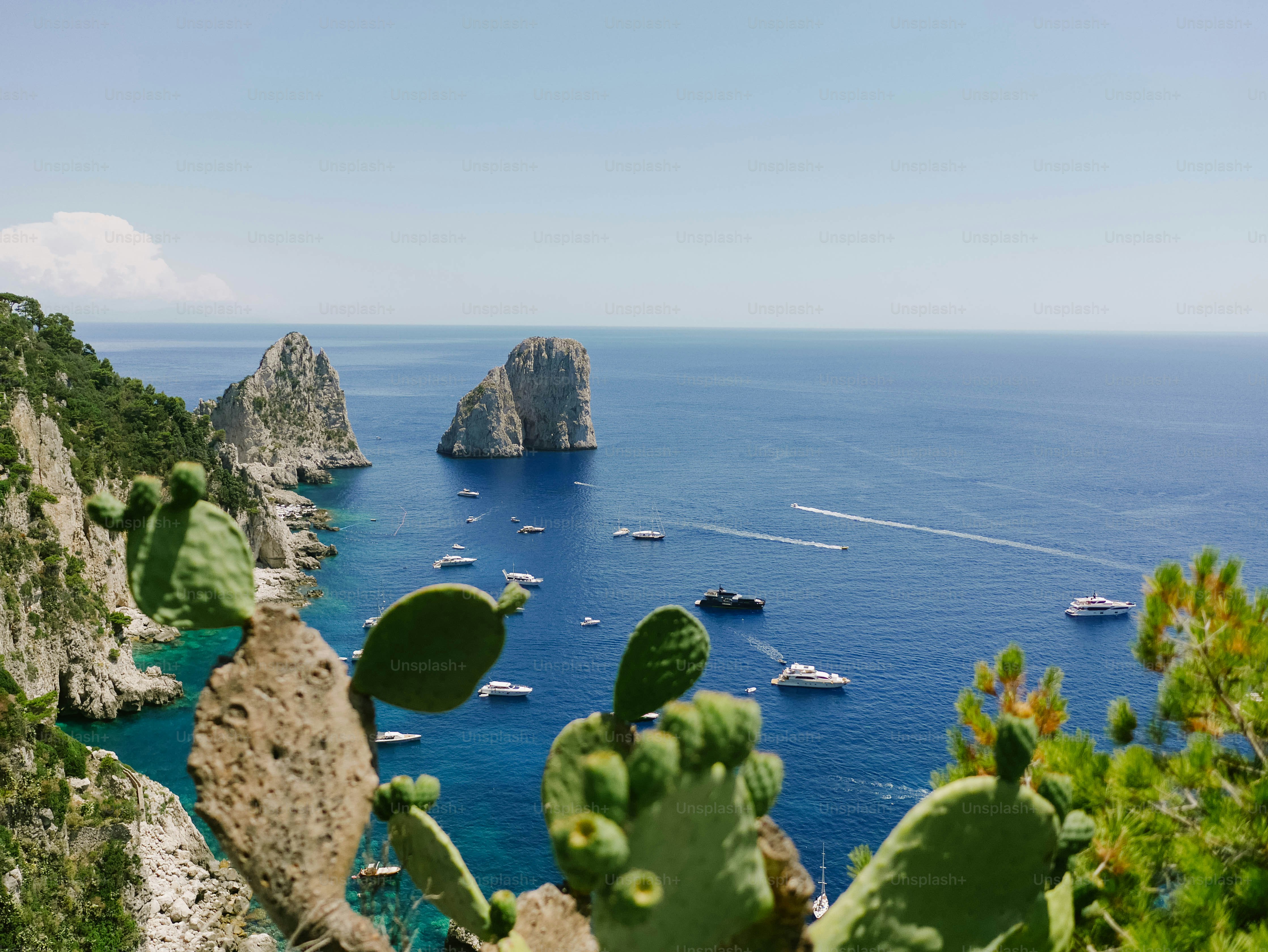 A scenic view of a beach with boats in the water photo – Capri Image on ...