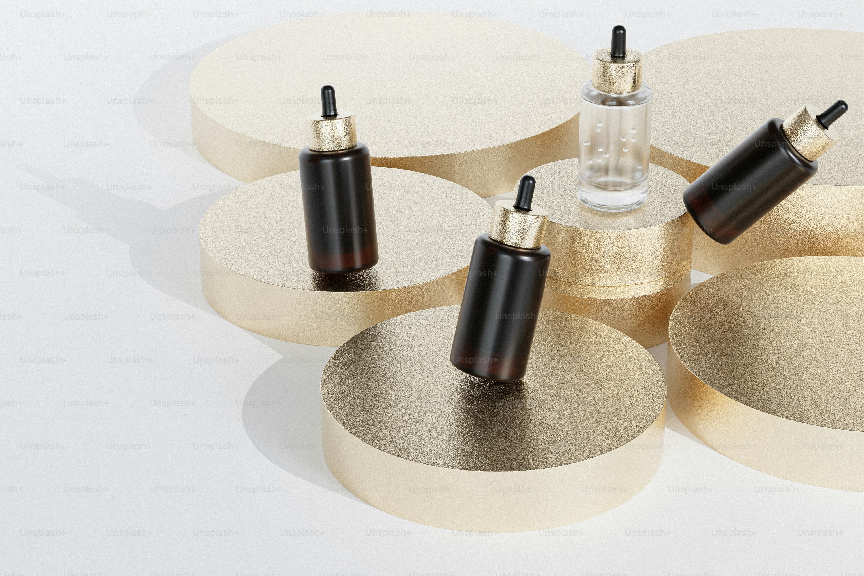 A set of four round trays with bottles on top of them photo – 3d Image ...