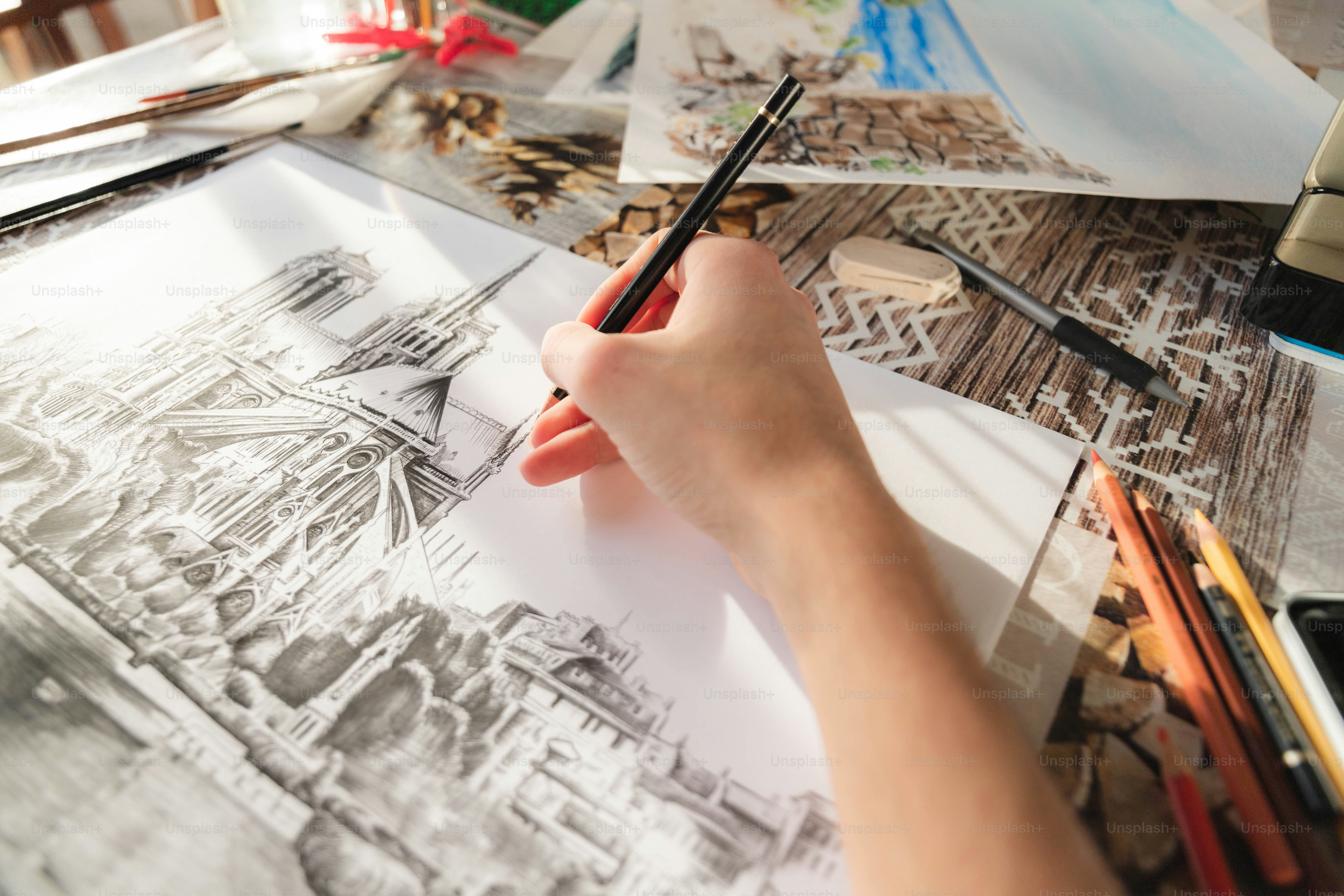 A person drawing a woman's face with a pencil photo – Art drawing Image ...