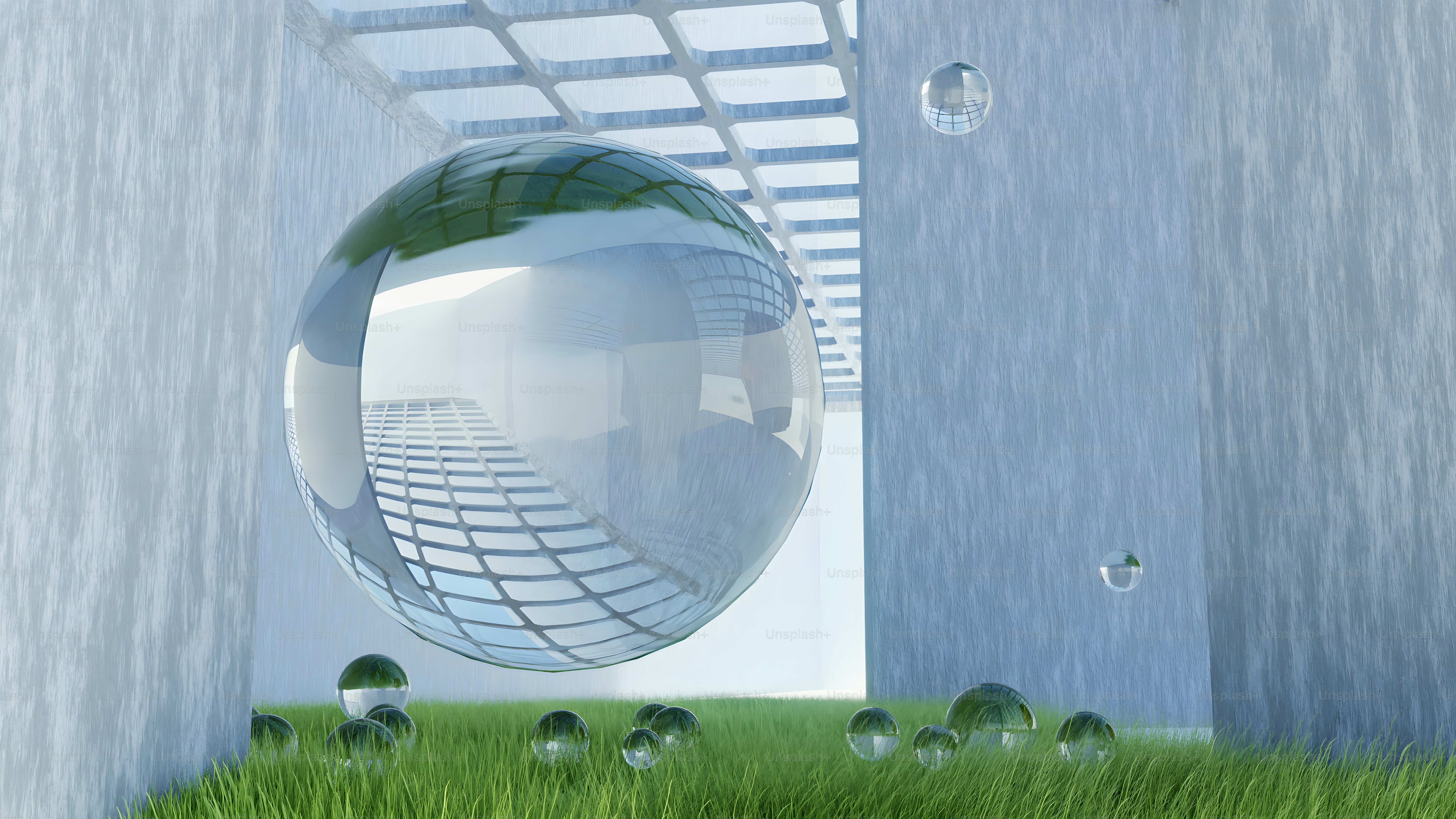 A mirror reflecting a building in the grass photo – Sphere Image on ...