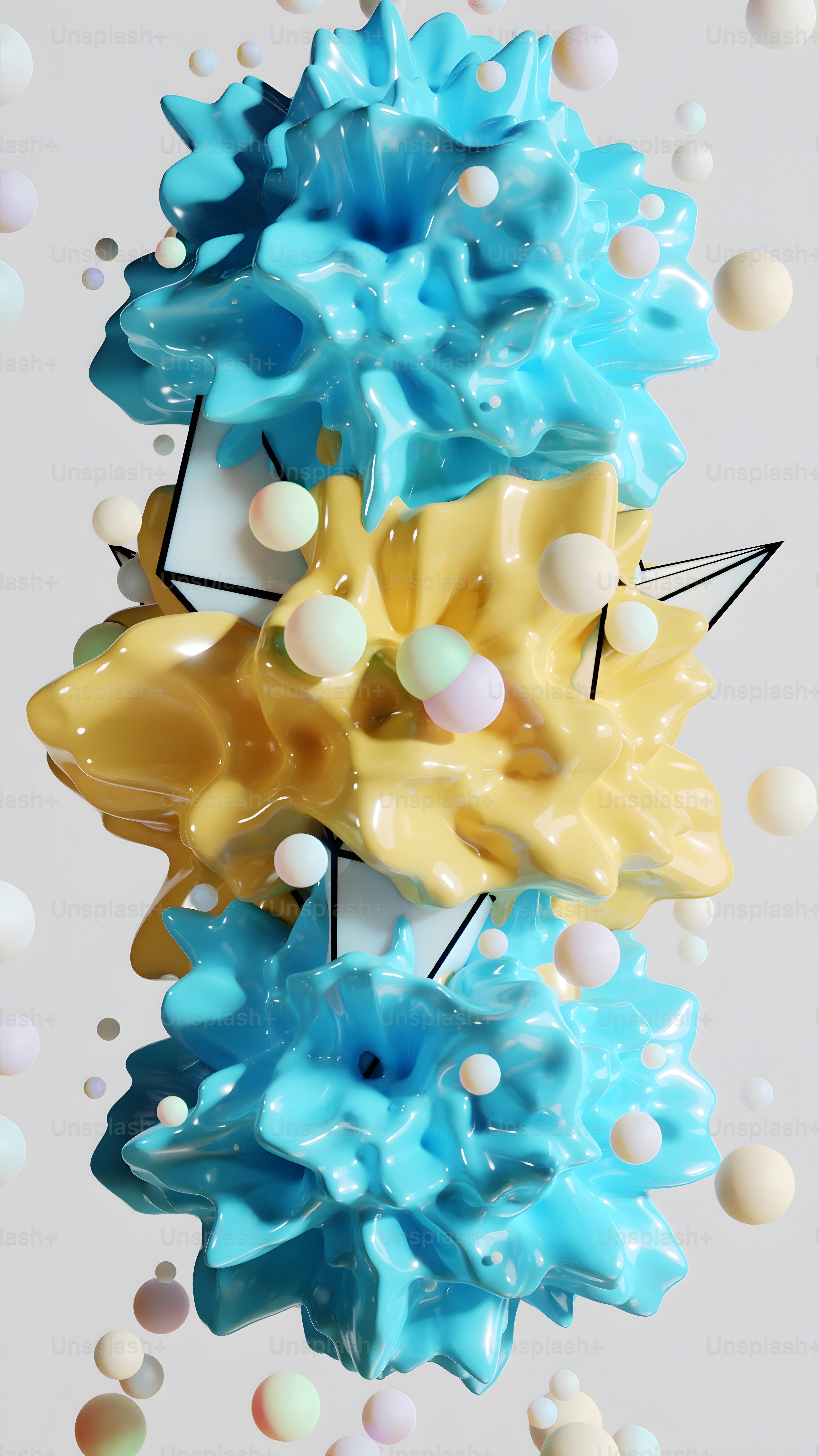 A group of blue and yellow objects floating in the air photo – 3d Image ...