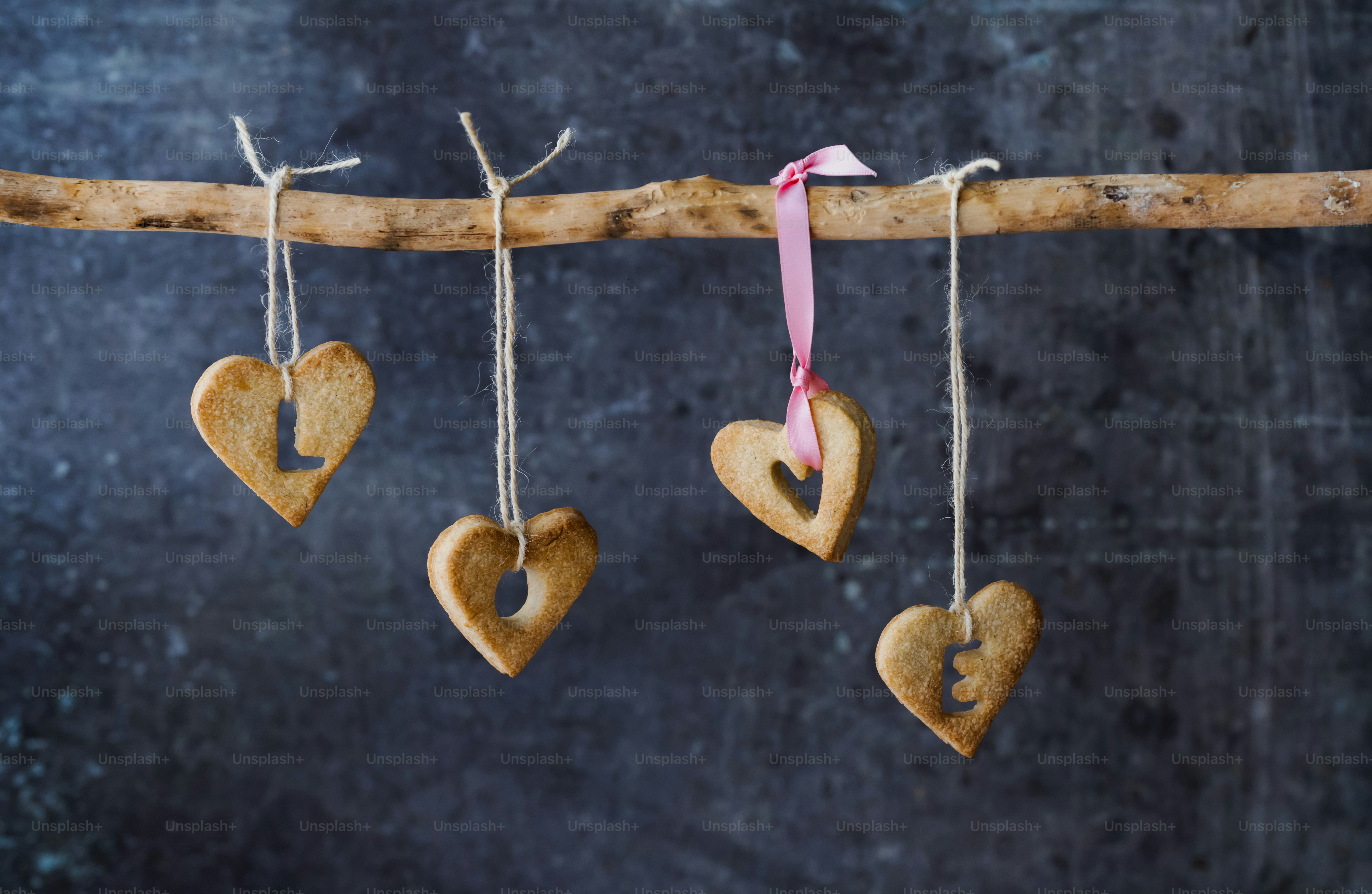 Three heart shaped cookies hanging from a twig photo – Valentine Image ...