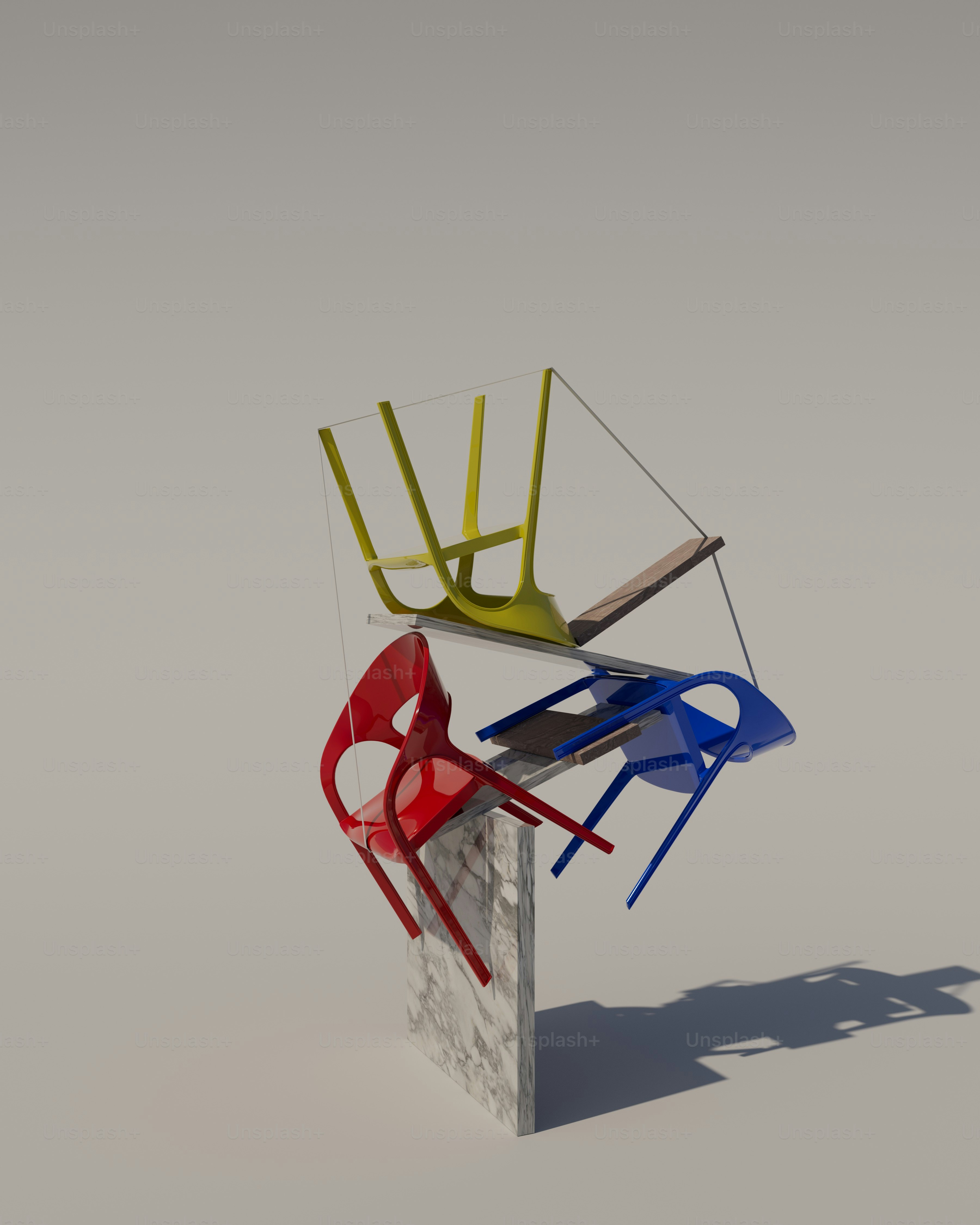 A group of three chairs sitting on top of a cement block photo – Chairs ...