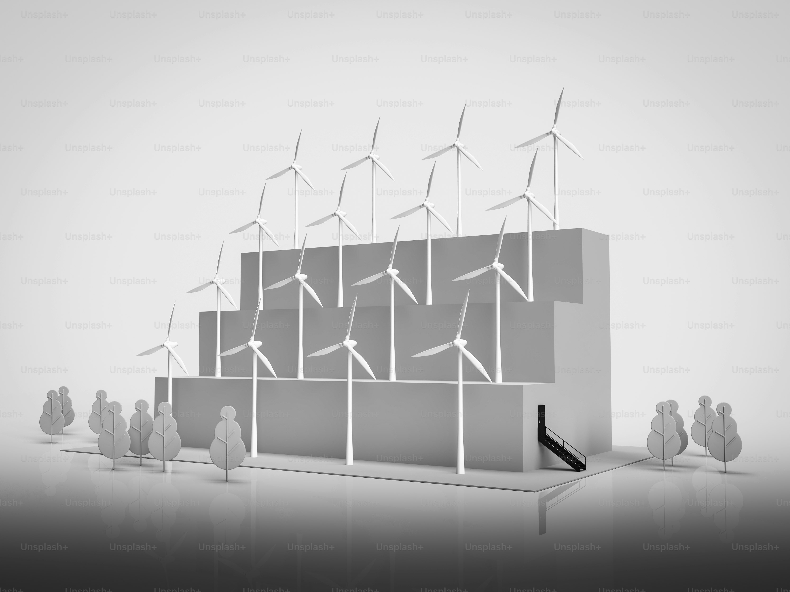 A group of people standing in front of a building with windmills on it ...