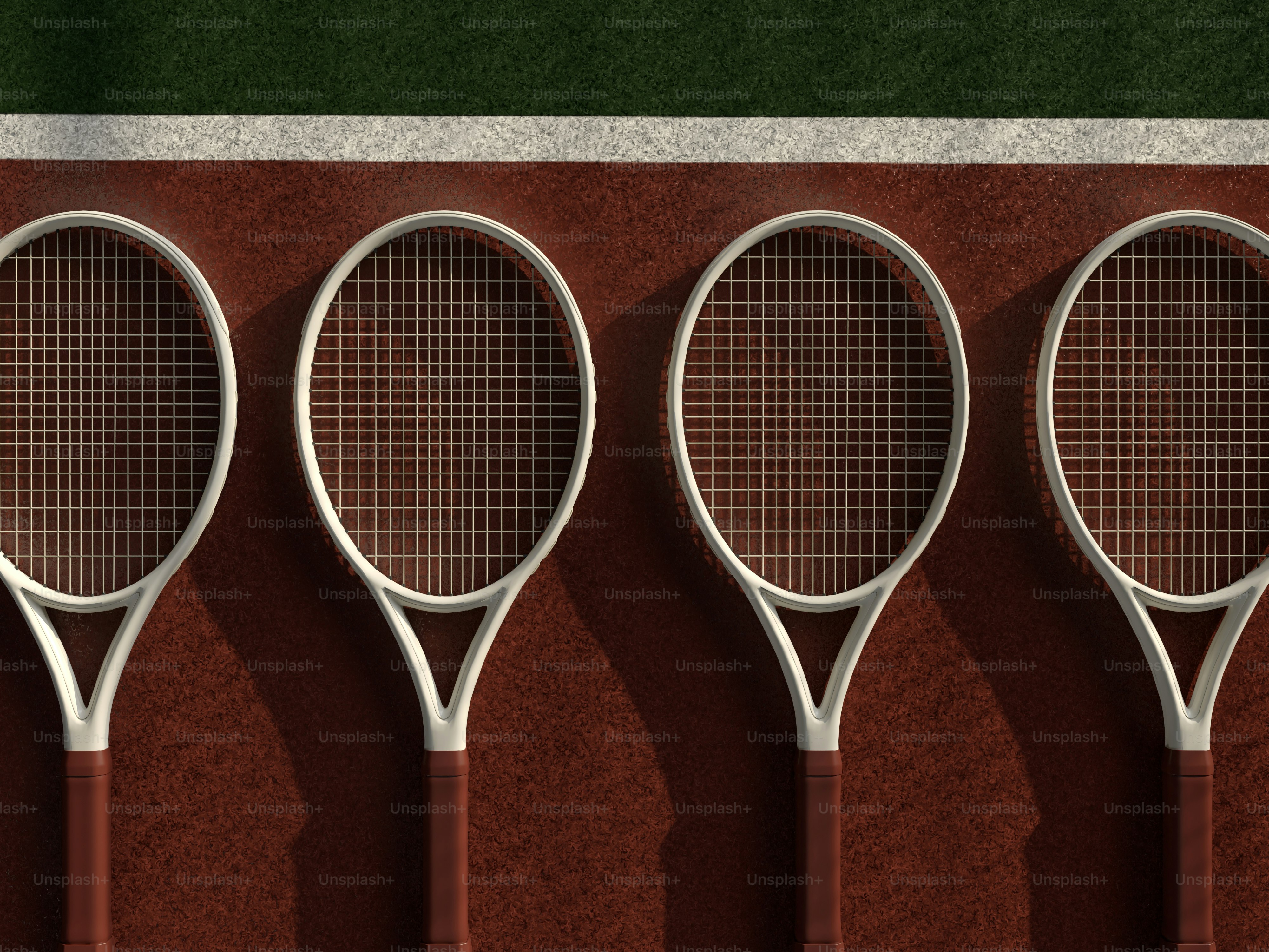 Four tennis rackets lined up against a wall photo – Tennis racket Image ...