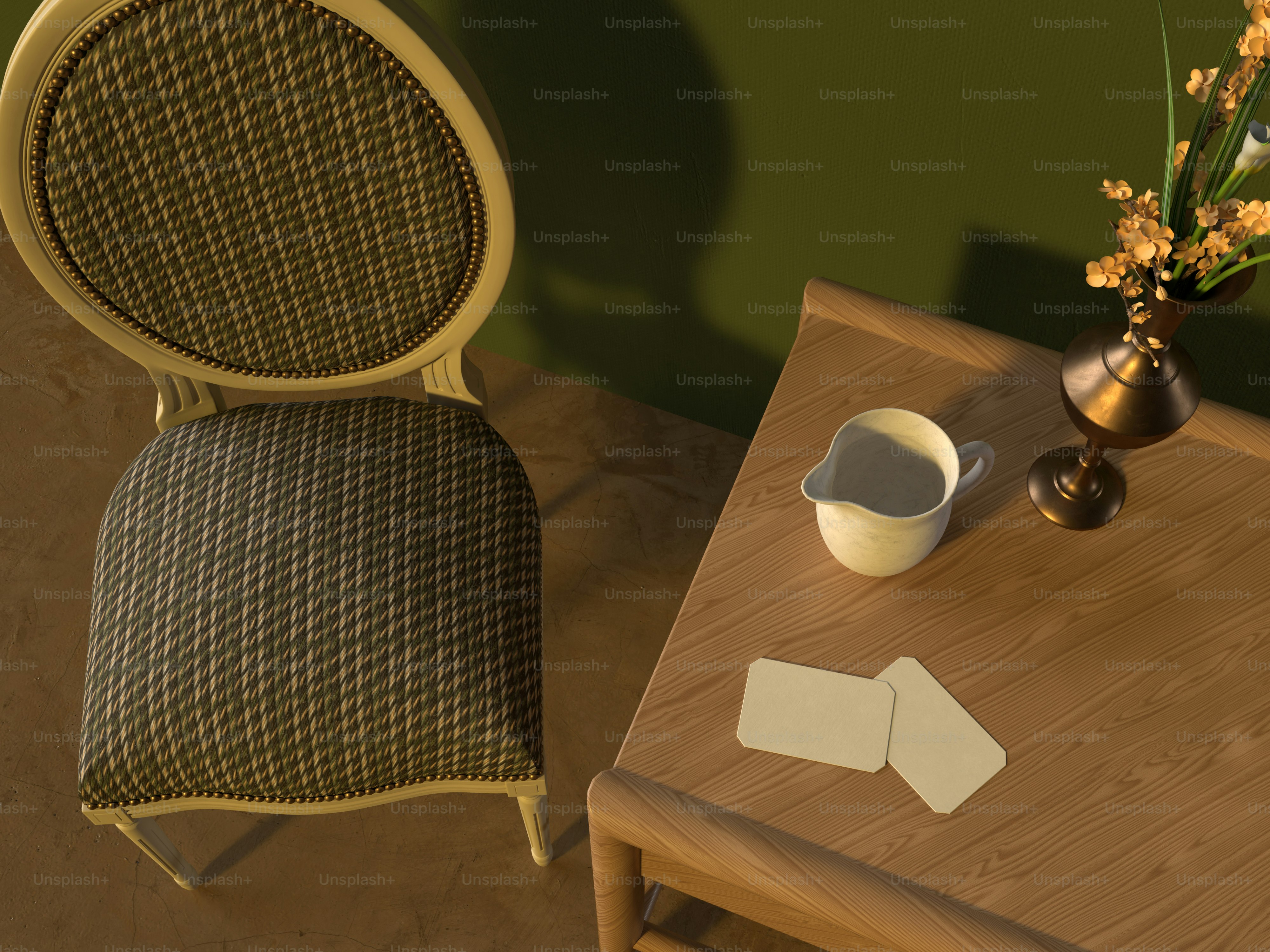 Foto Meja dengan vas bunga dan buku catatan – Gambar Desain interior di ...