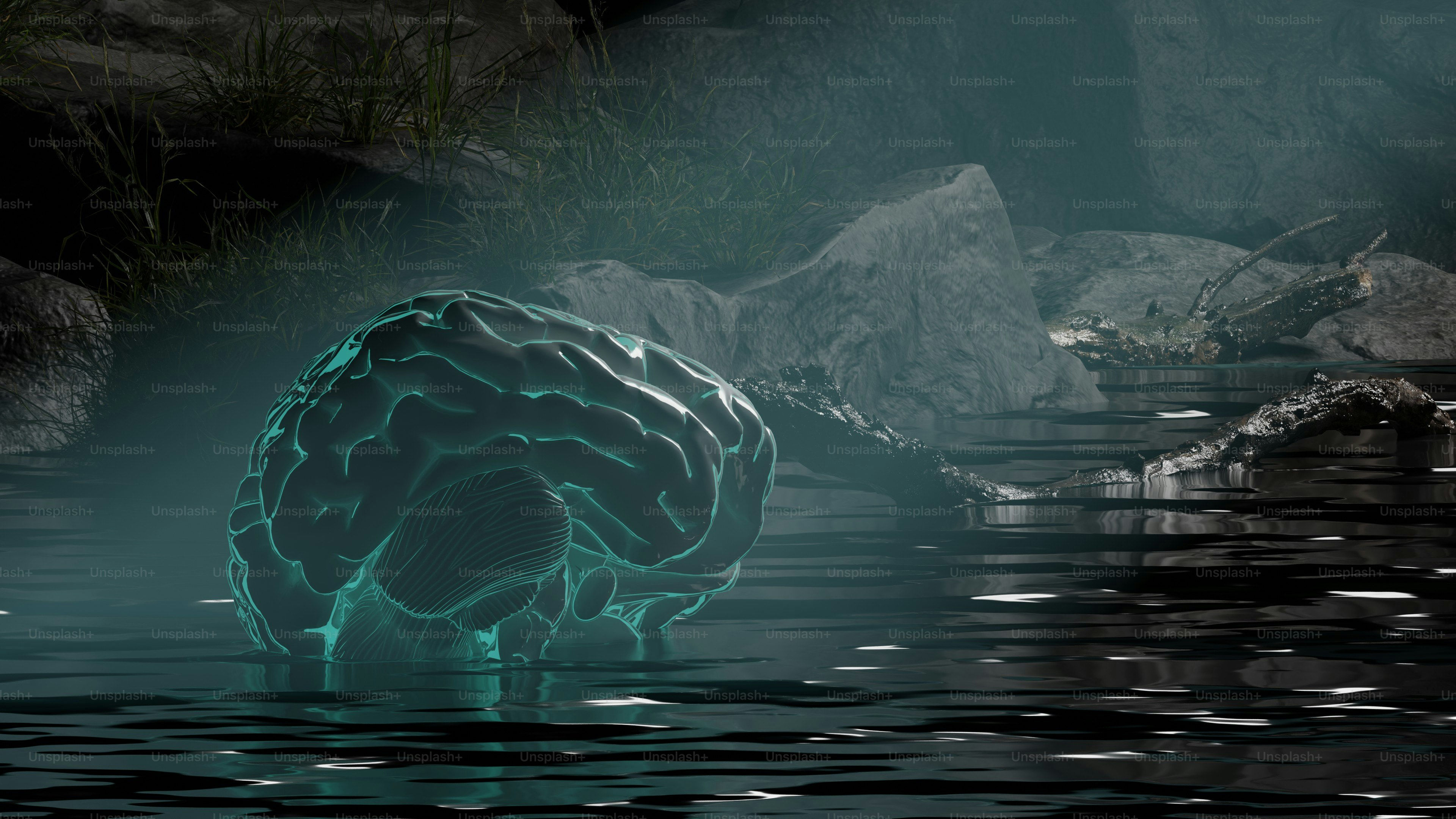 A computer generated image of a brain floating in a body of water photo ...