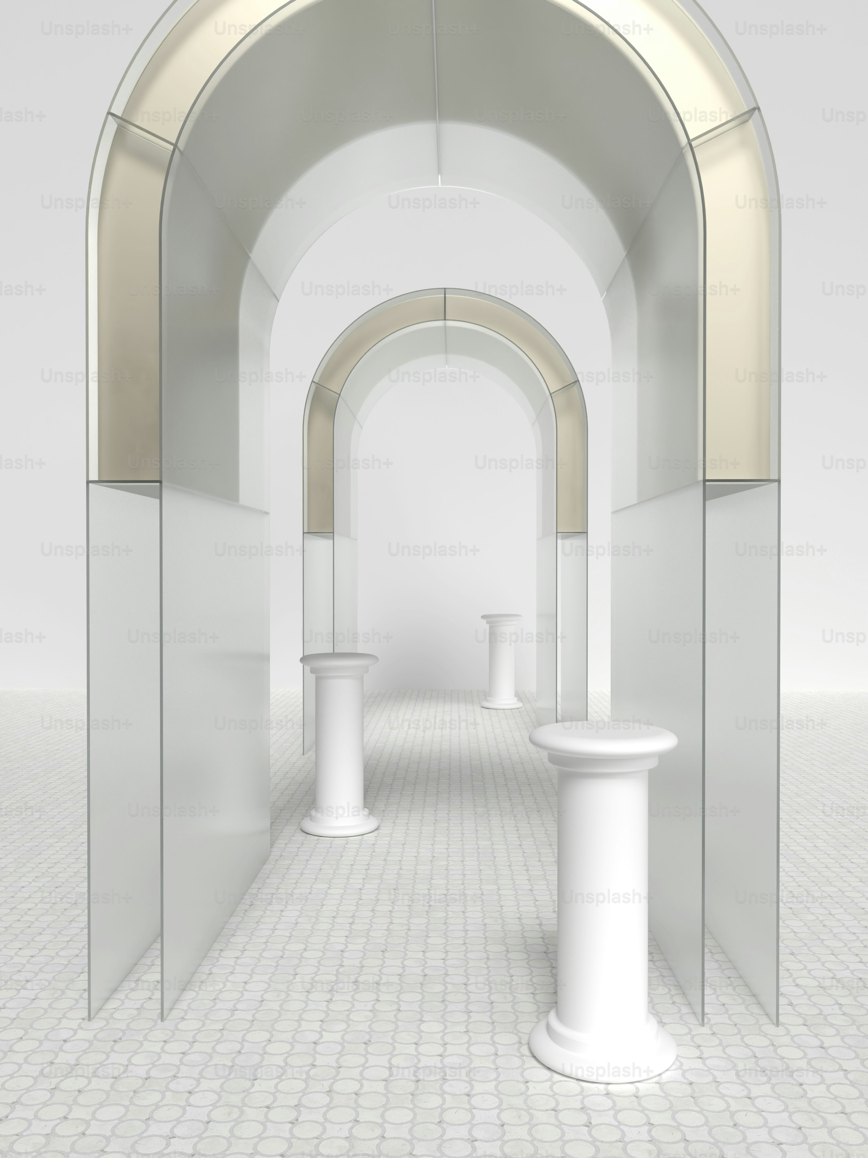 A white room with a white tiled floor and arches photo – Elegant ...
