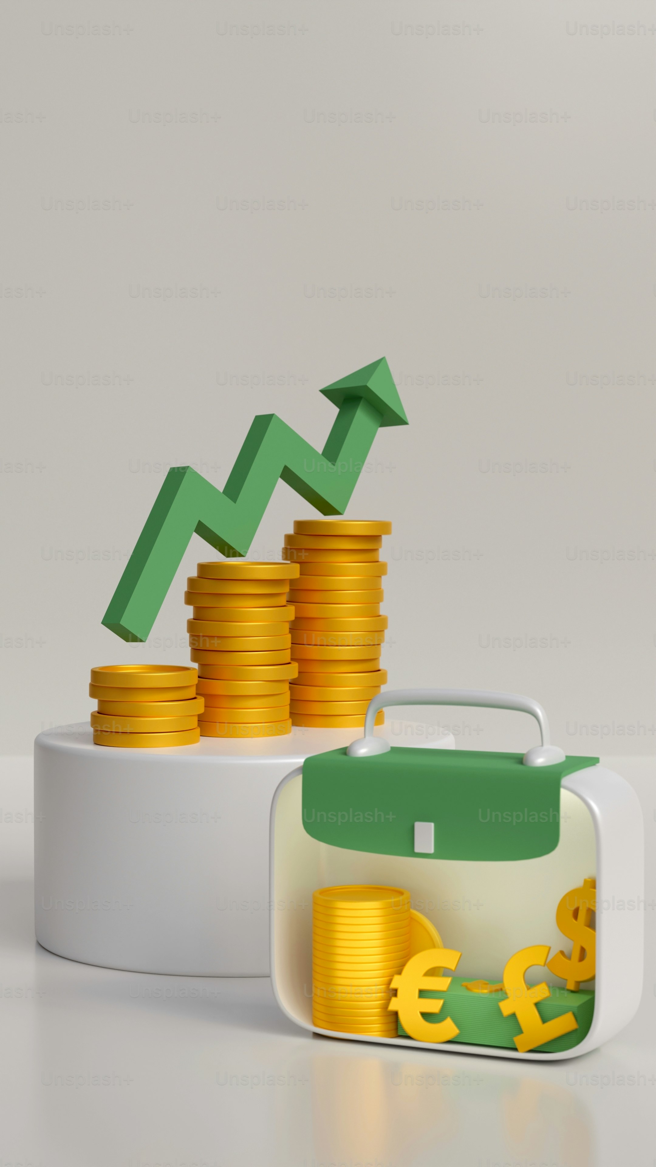 A stack of gold coins next to a green arrow photo – 3d render Image on ...