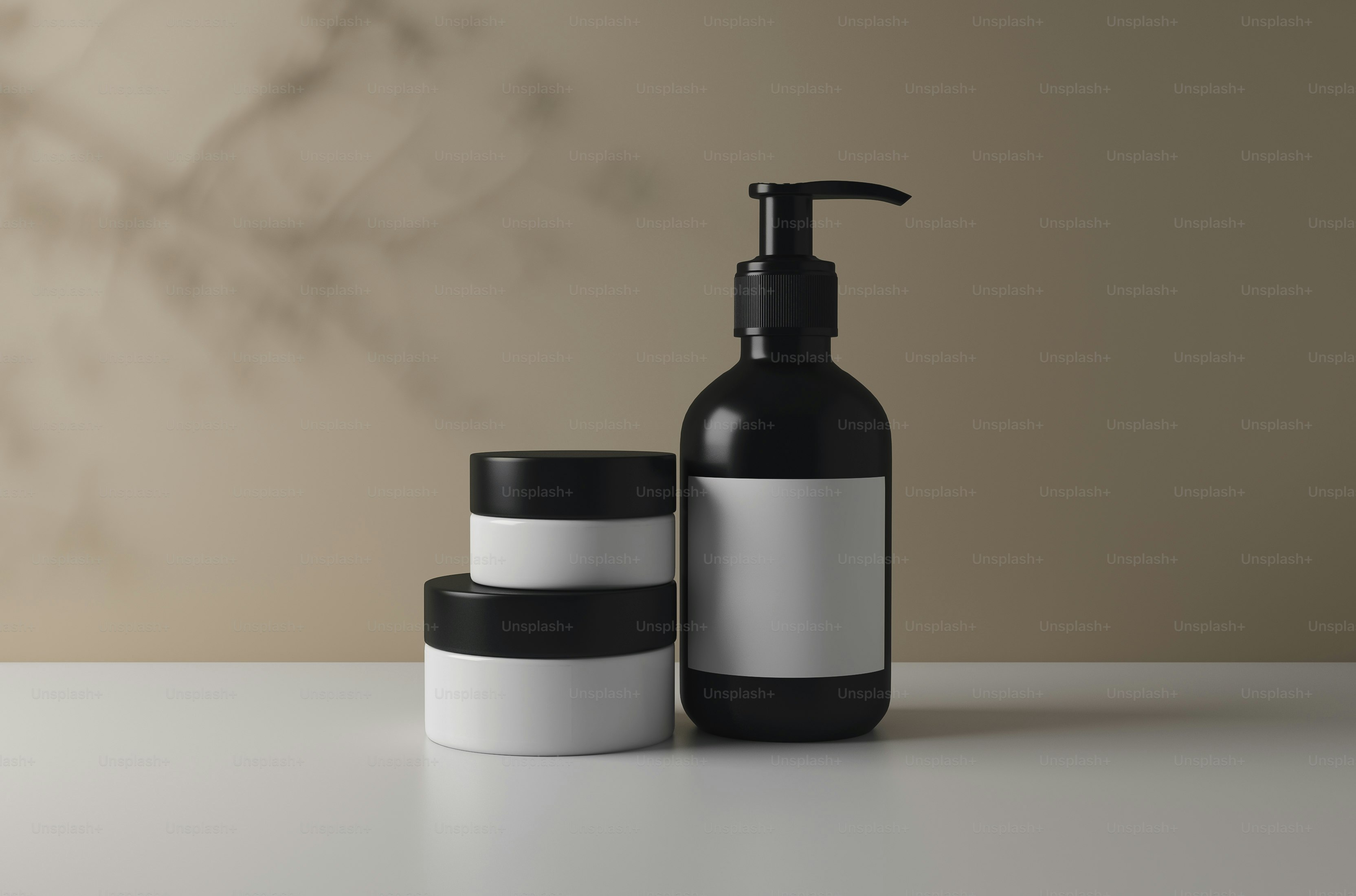 A bottle of lotion sitting next to a container of lotion photo – Mockup ...
