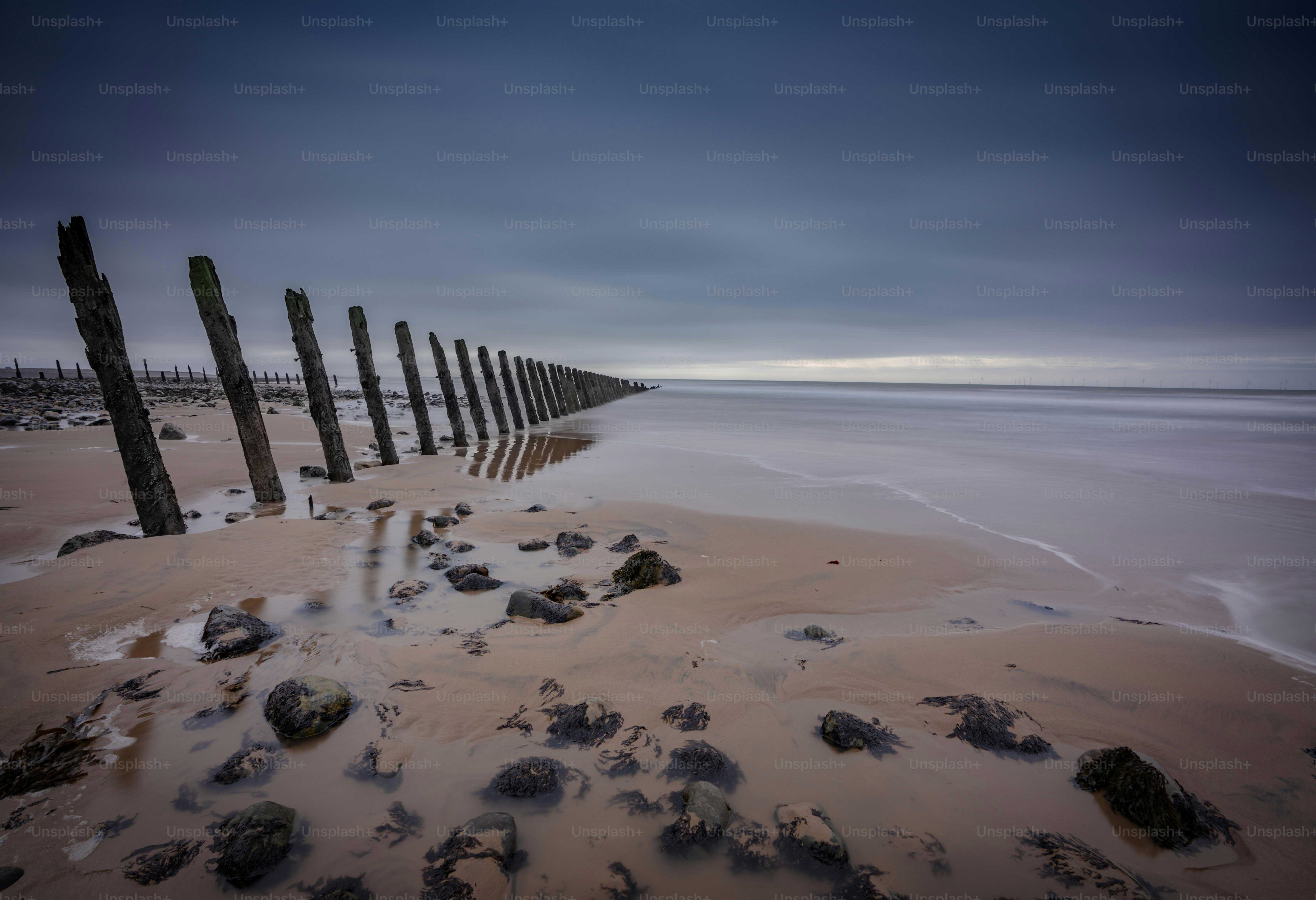 A row of wooden posts sitting on top of a sandy beach photo – Walney ...