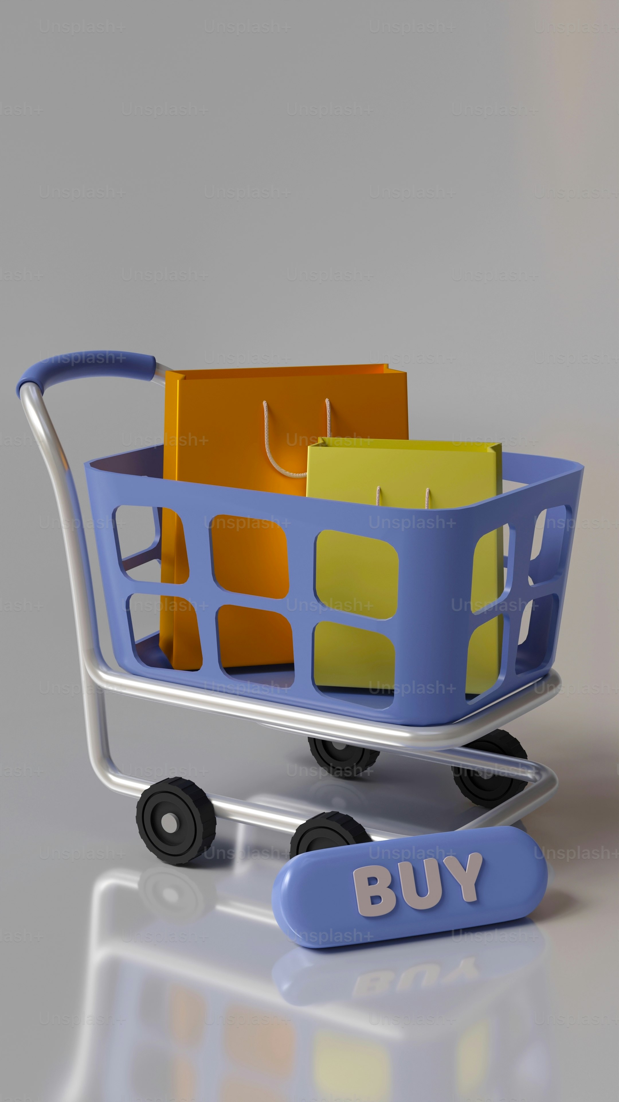 A shopping cart with a blue shopping cart with yellow and orange ...