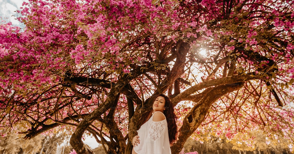 Una Mujer Parada Debajo De Un árbol Con Flores Rosadas Foto Imagen De