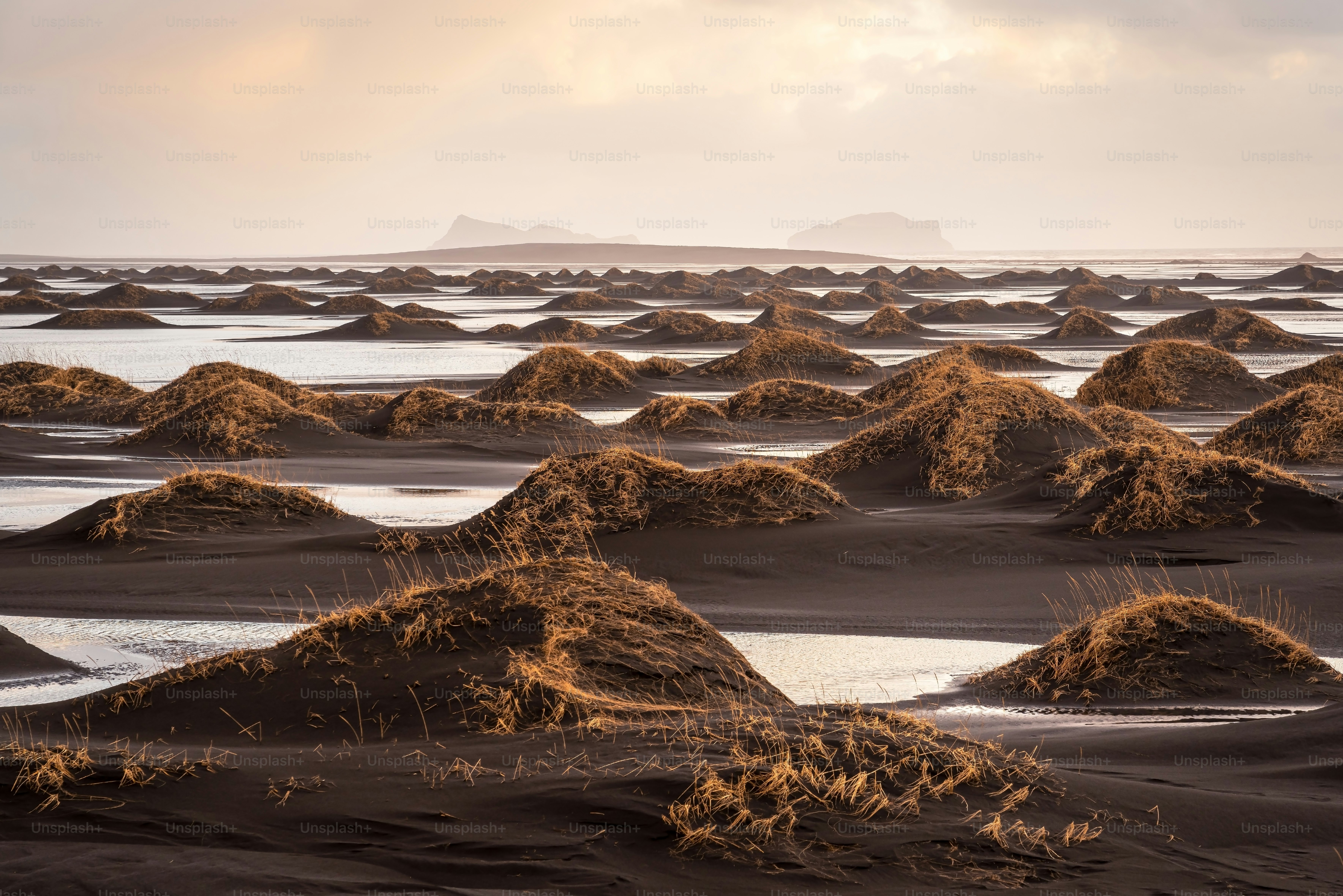 A group of sand mounds sitting on top of a beach photo – Black sand ...