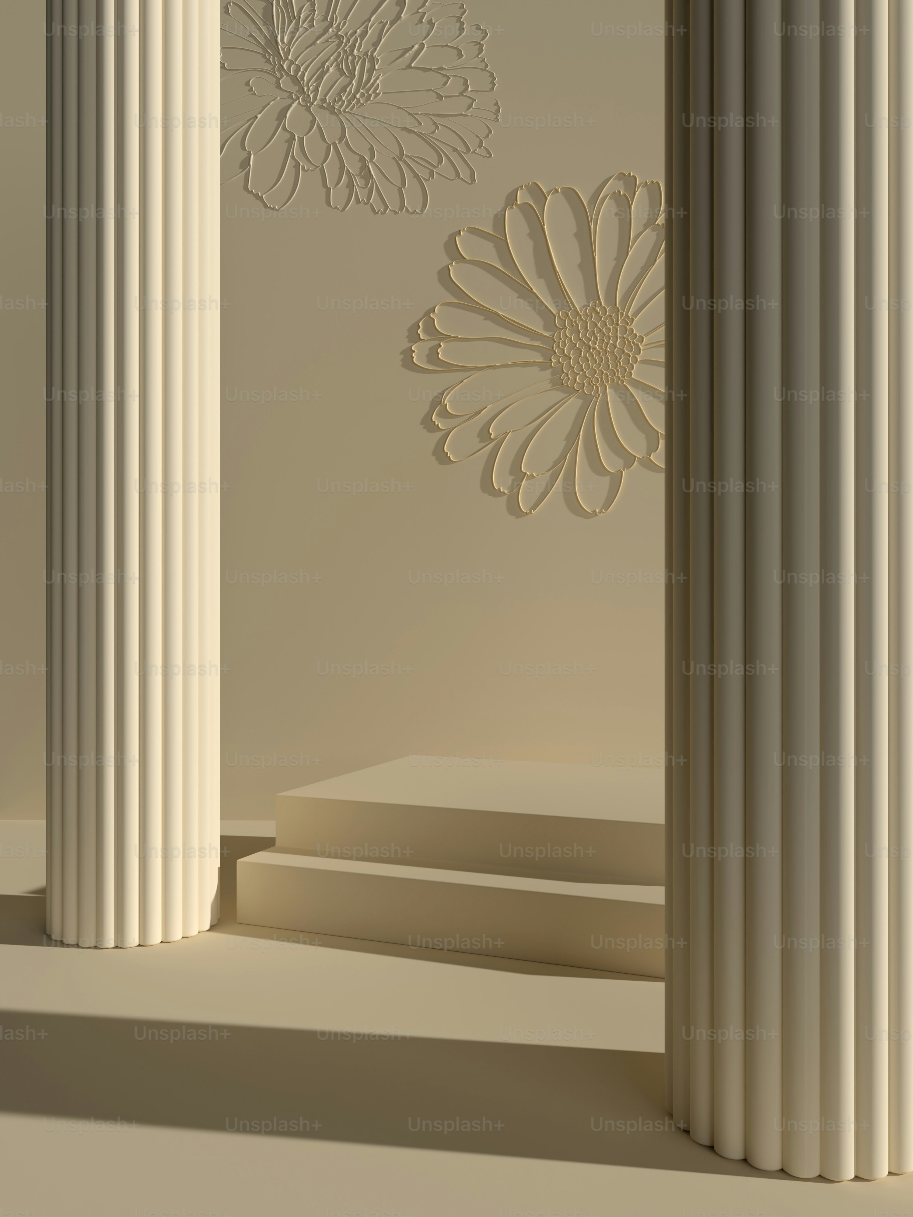 A group of white pillars with a flower on the wall photo – Pillar Image ...