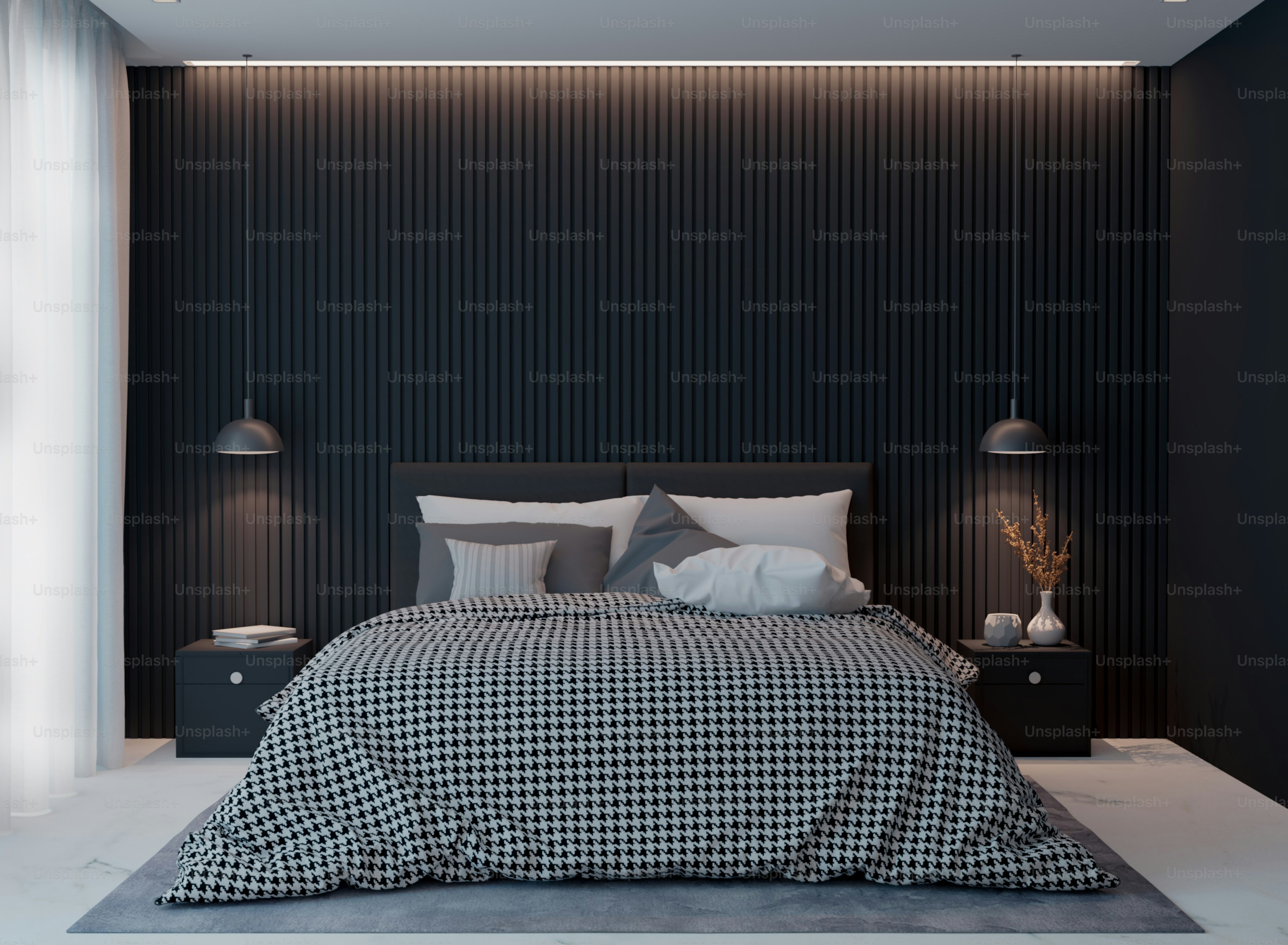 A black and white bedroom with a checkered bedspread photo – Interior ...