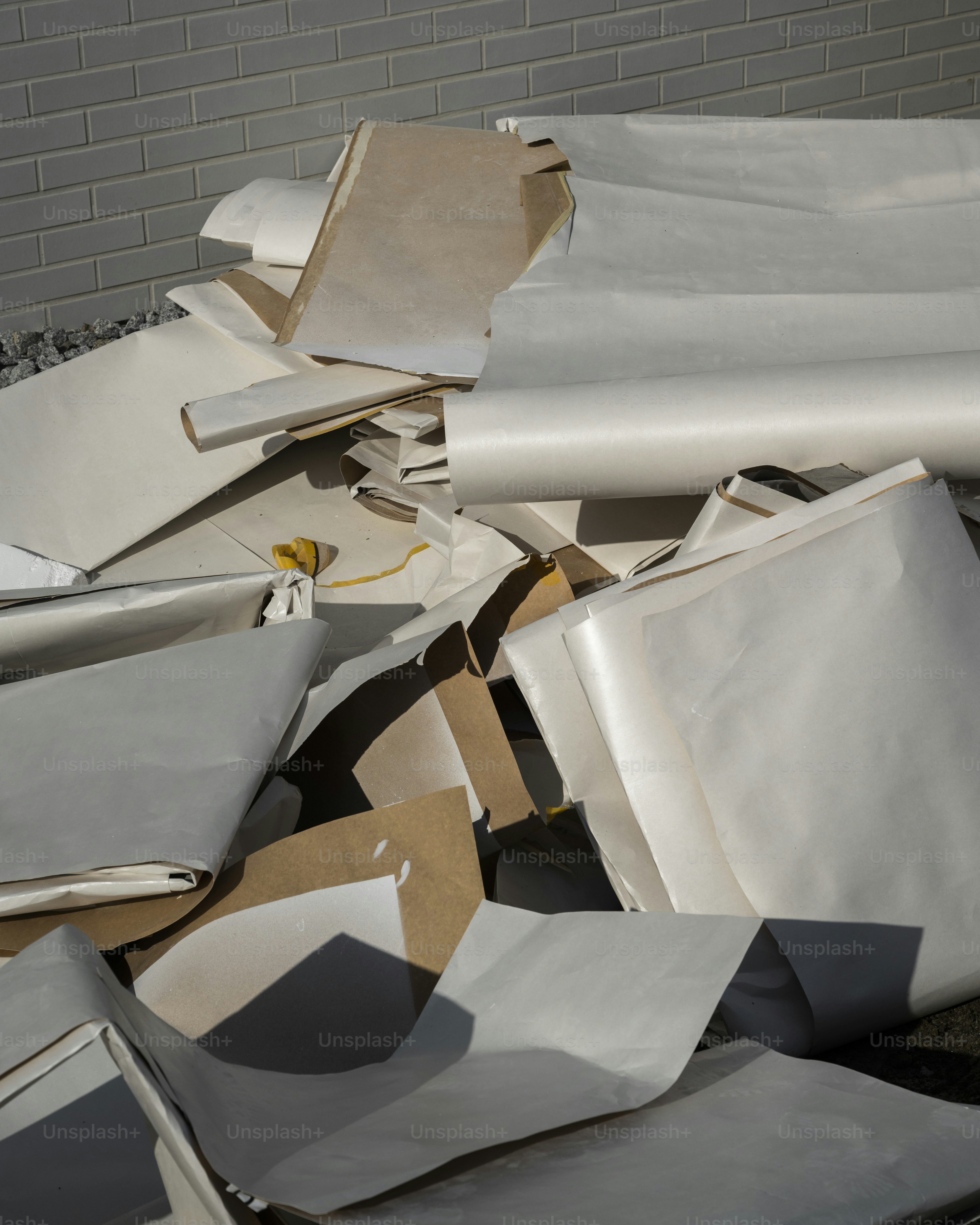 A pile of white bags sitting next to a brick wall photo – Berlin Image ...