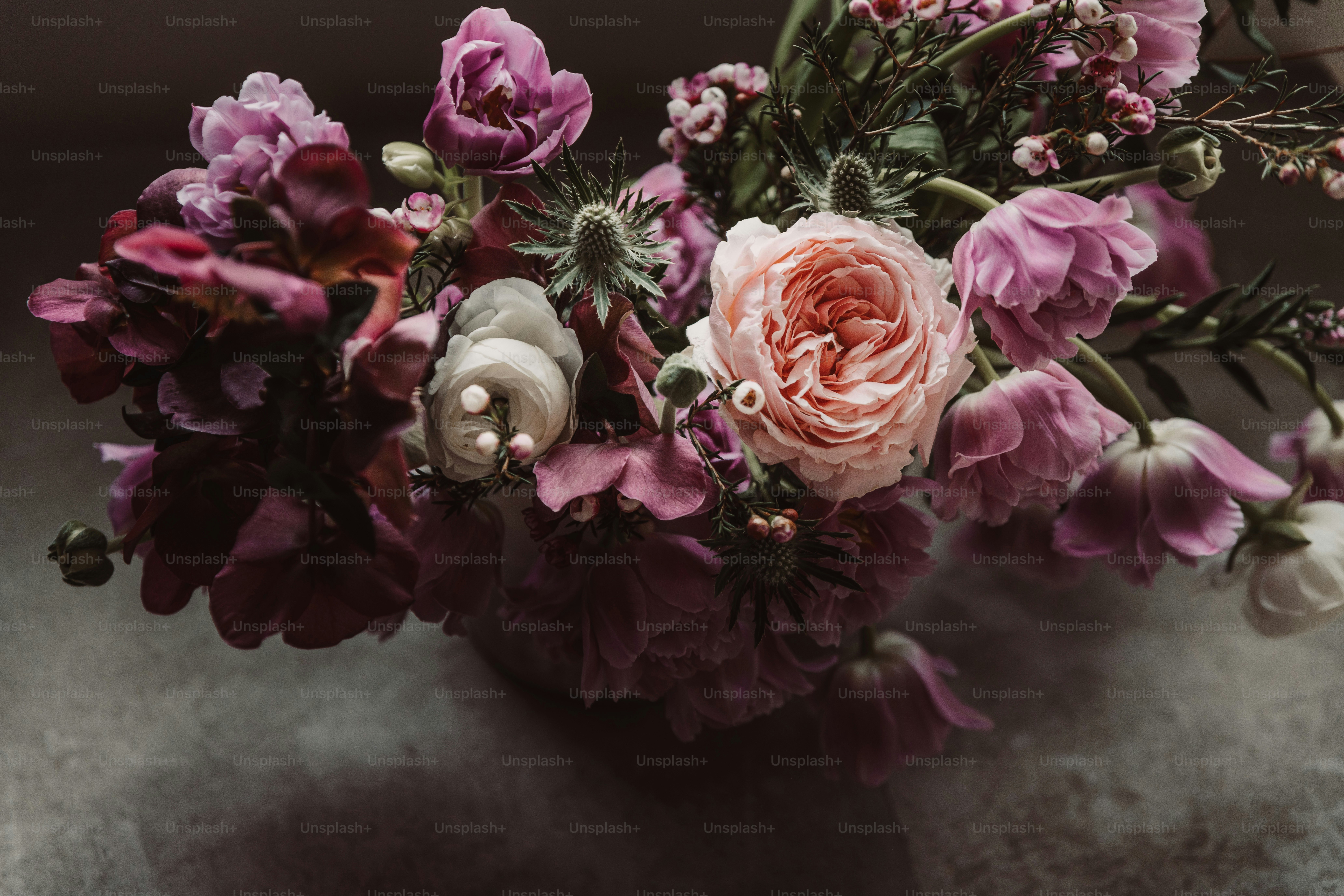 A white vase filled with pink flowers on top of a table photo – Flowers ...