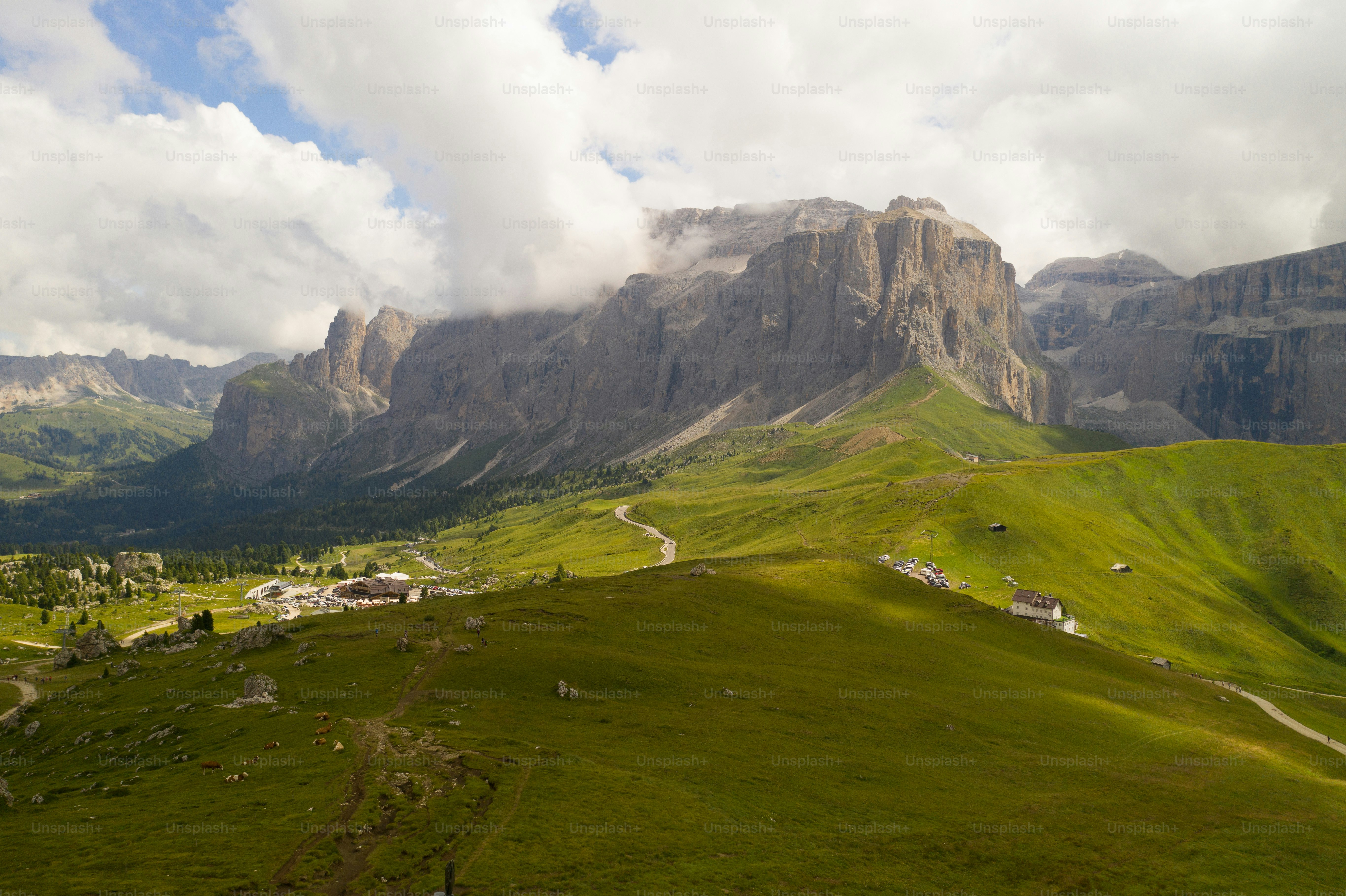 Une colline verdoyante avec une montagne en arrière-plan photo ...