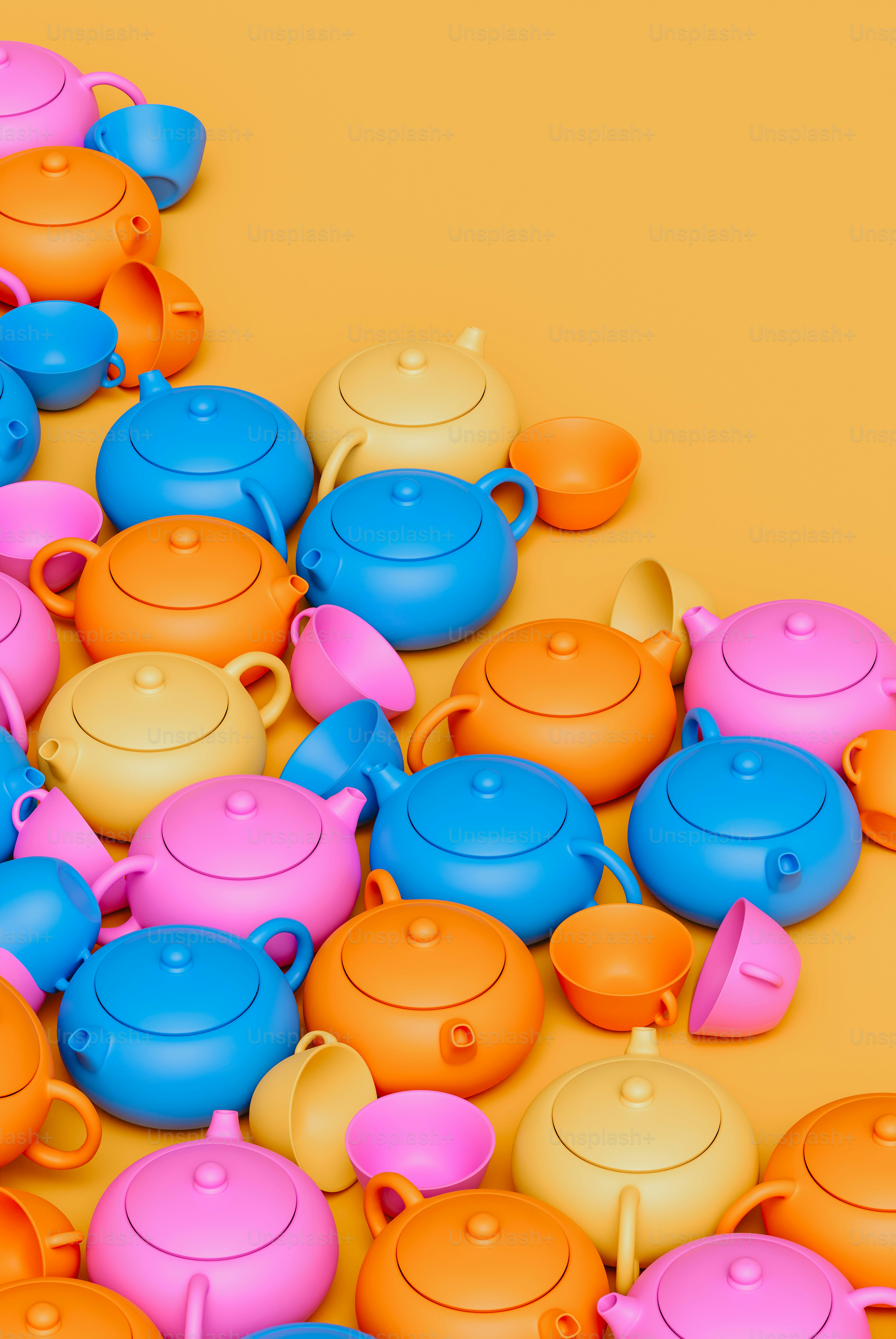 A pile of colorful teapots sitting on top of a table photo – Render ...