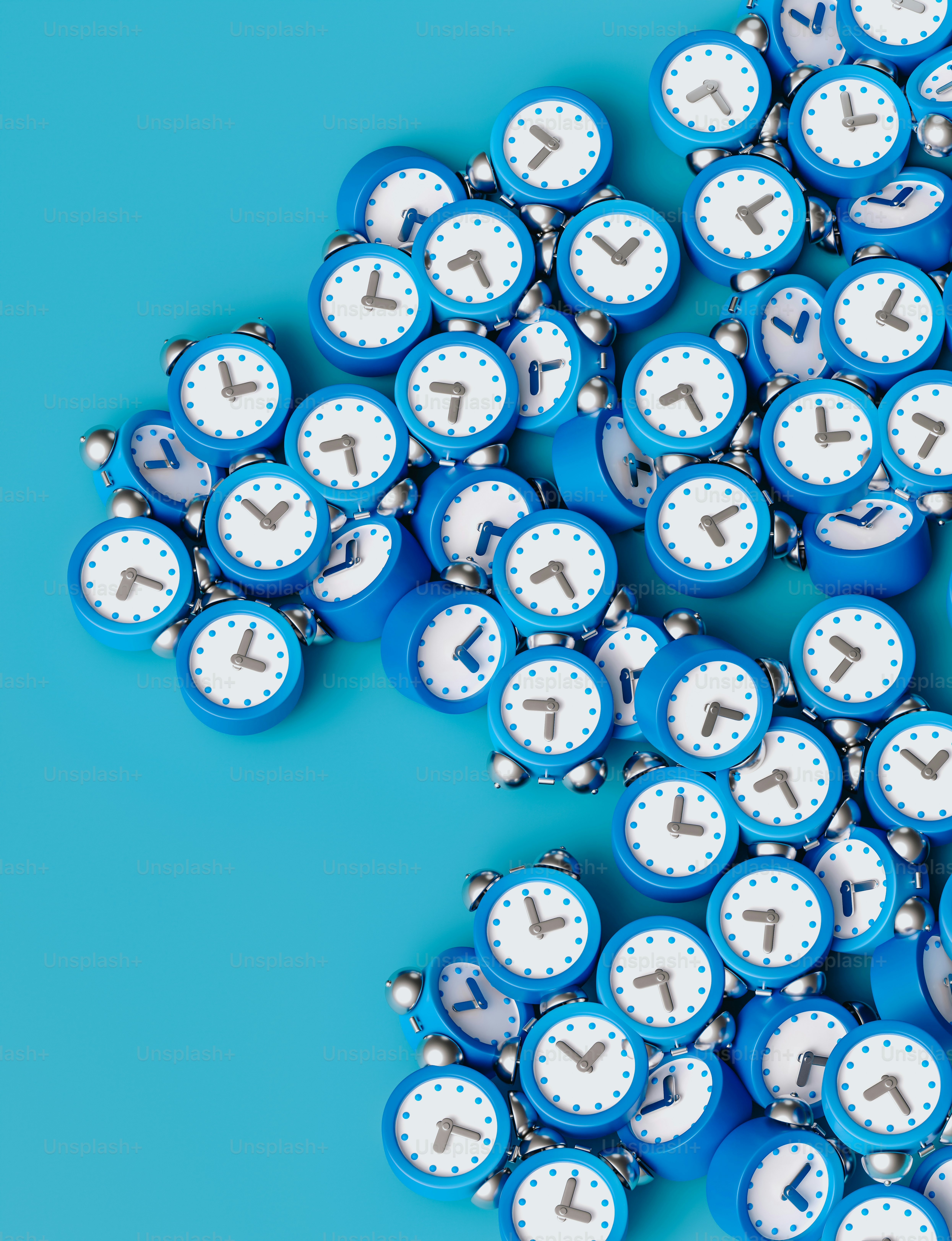 A group of blue and white clocks on a blue background photo – Full ...