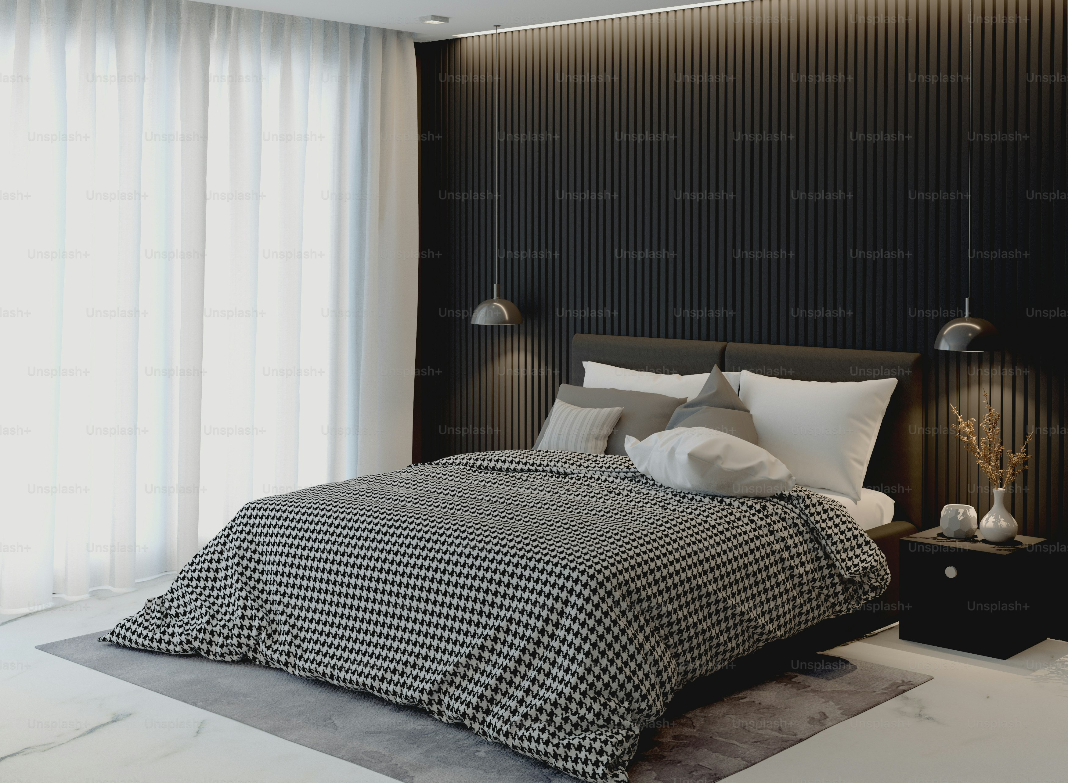 A black and white bedroom with a checkered bedspread photo – Interior ...