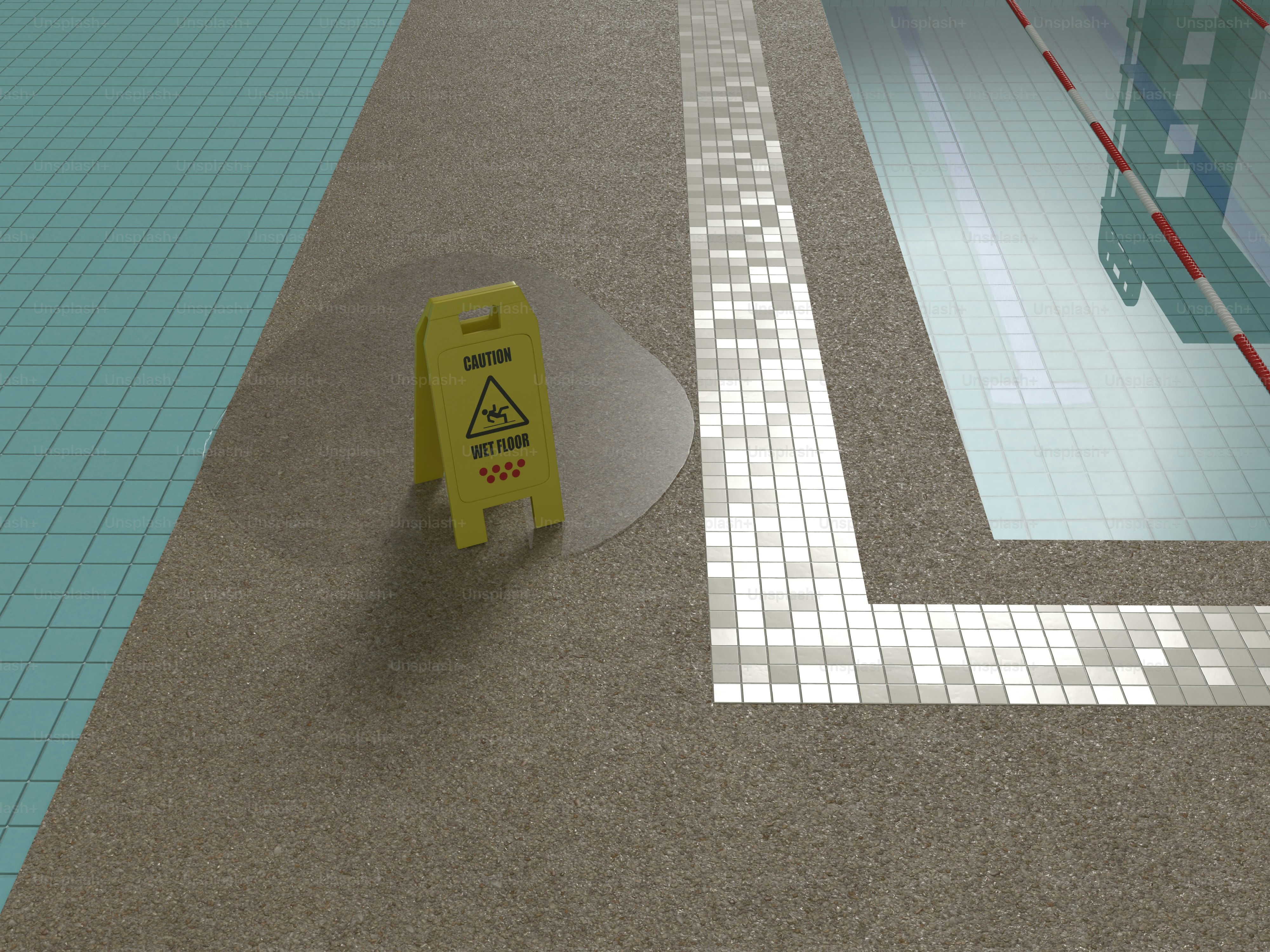 A yellow caution sign sitting on top of a floor next to a swimming pool ...