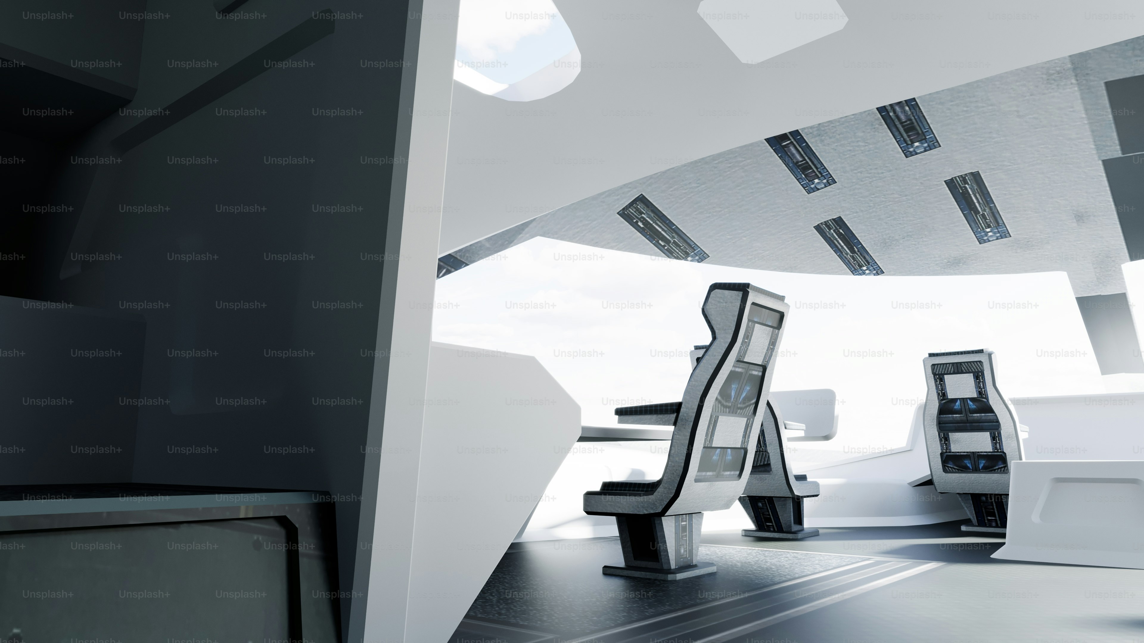L’intérieur d’un bâtiment futuriste avec une grande fenêtre photo ...