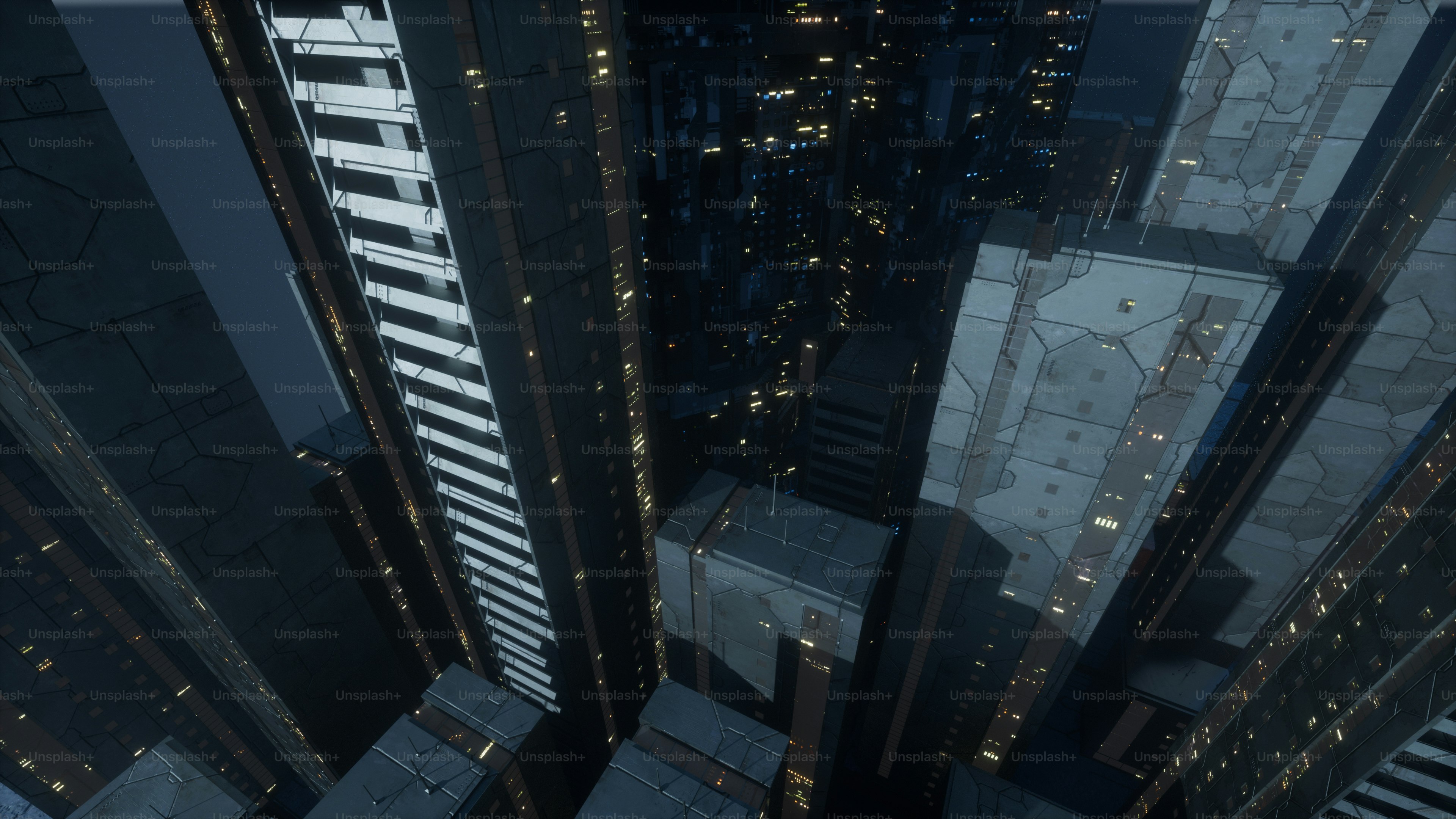 A view of a city at night from the top of a building photo – Facade ...