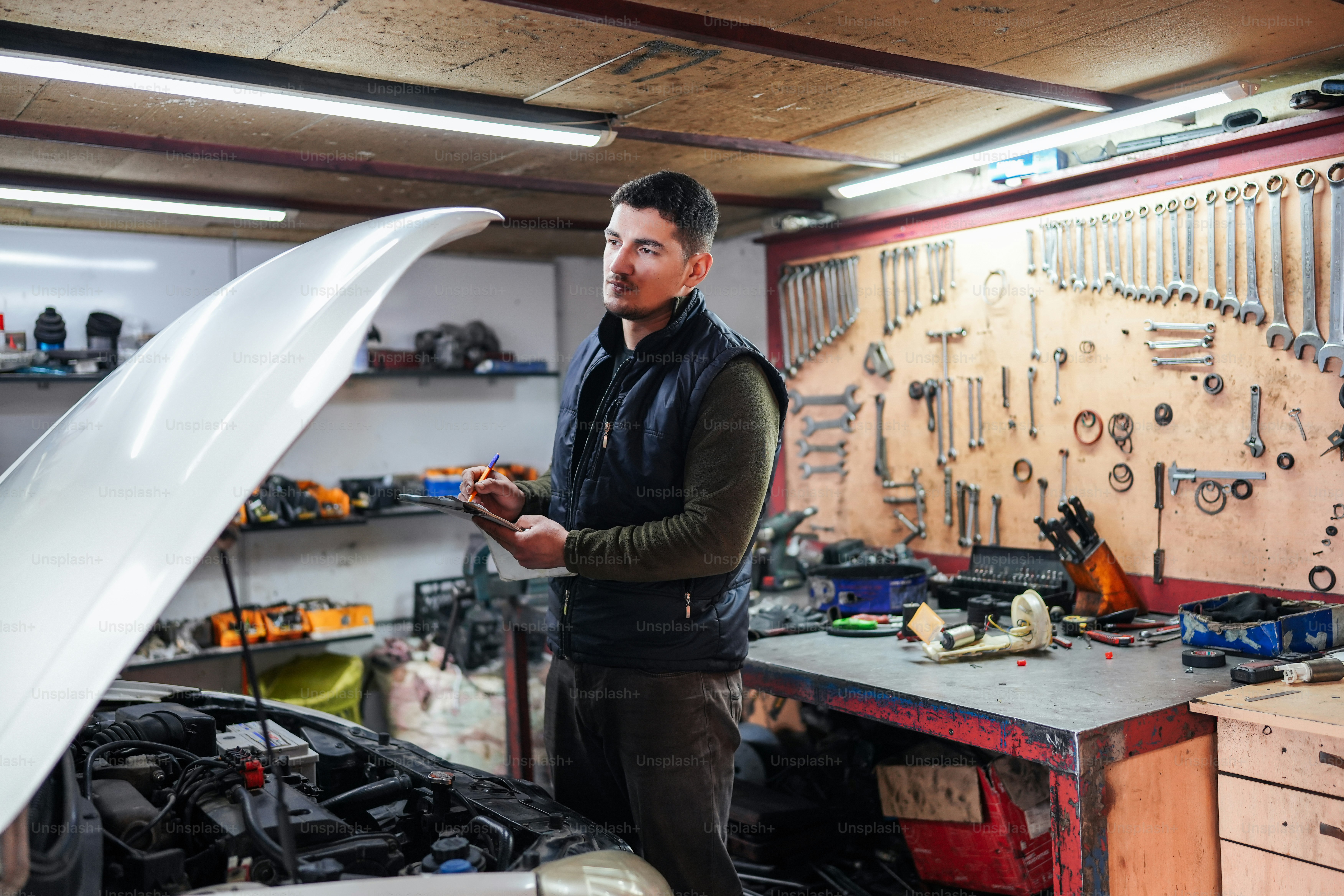 A man standing in a garage with his arms crossed photo – Automotive ...
