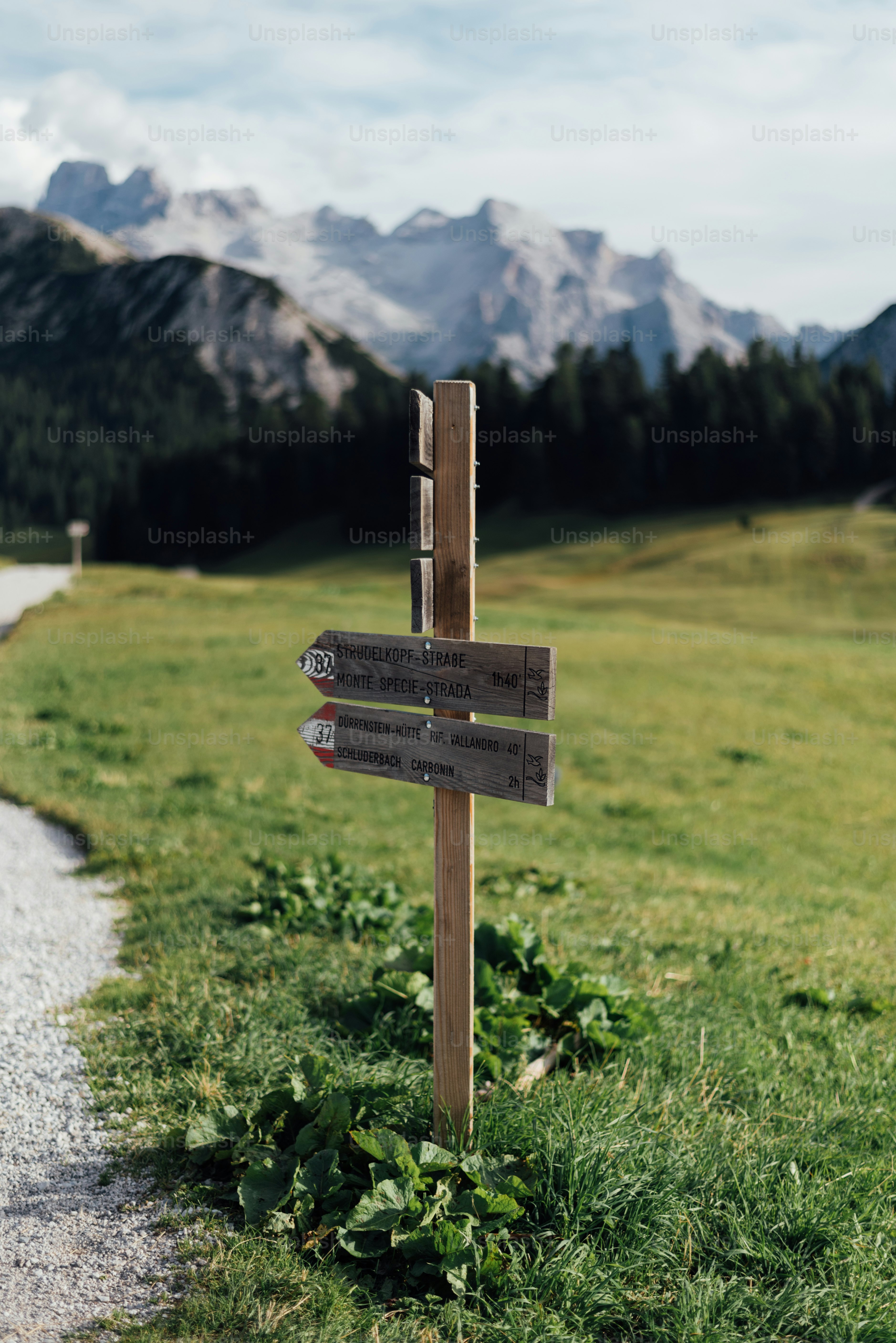A wooden sign in the middle of a grassy field photo – Italia Image on ...