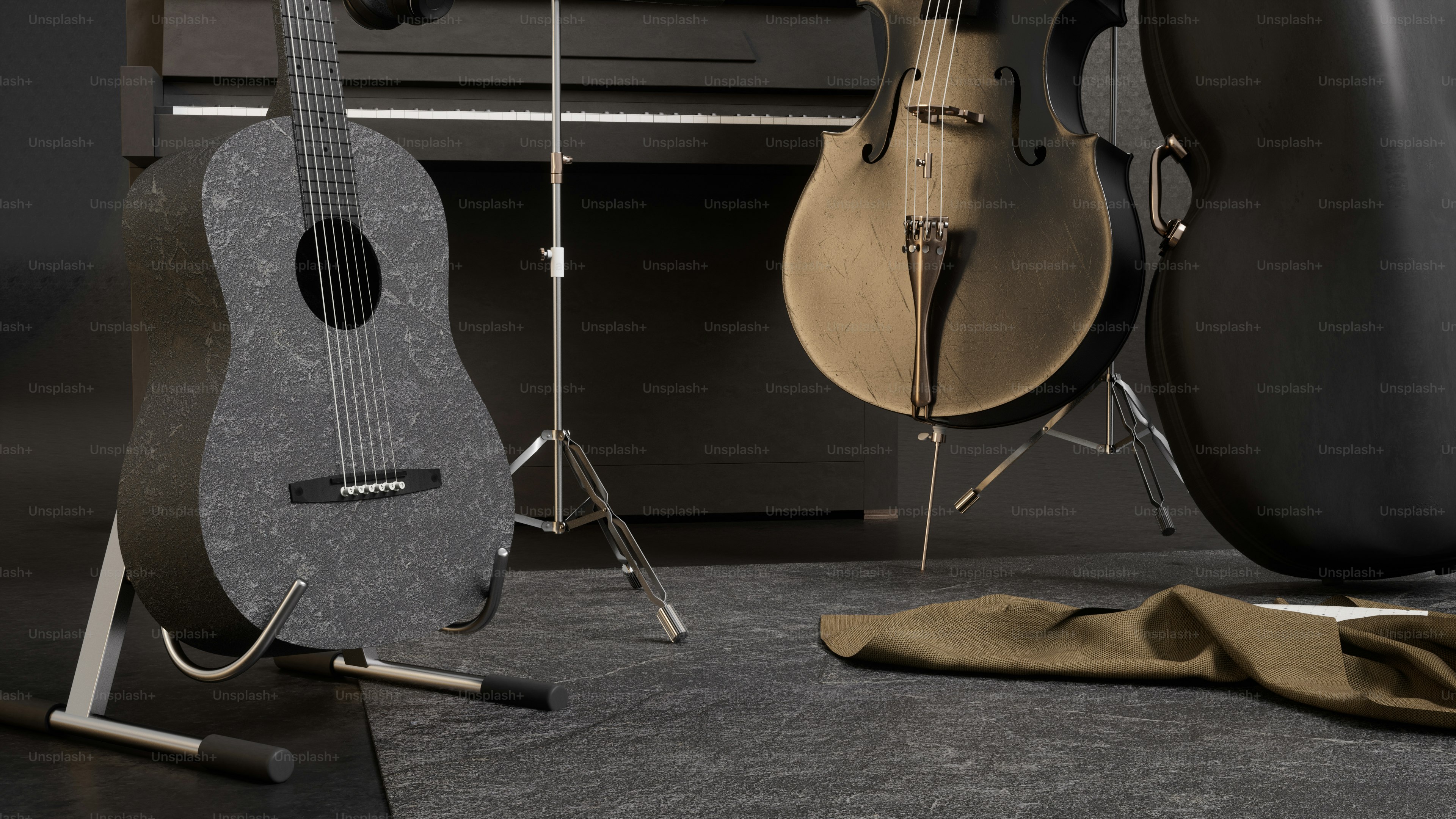 A guitar and other musical instruments on display photo – Guitar ...