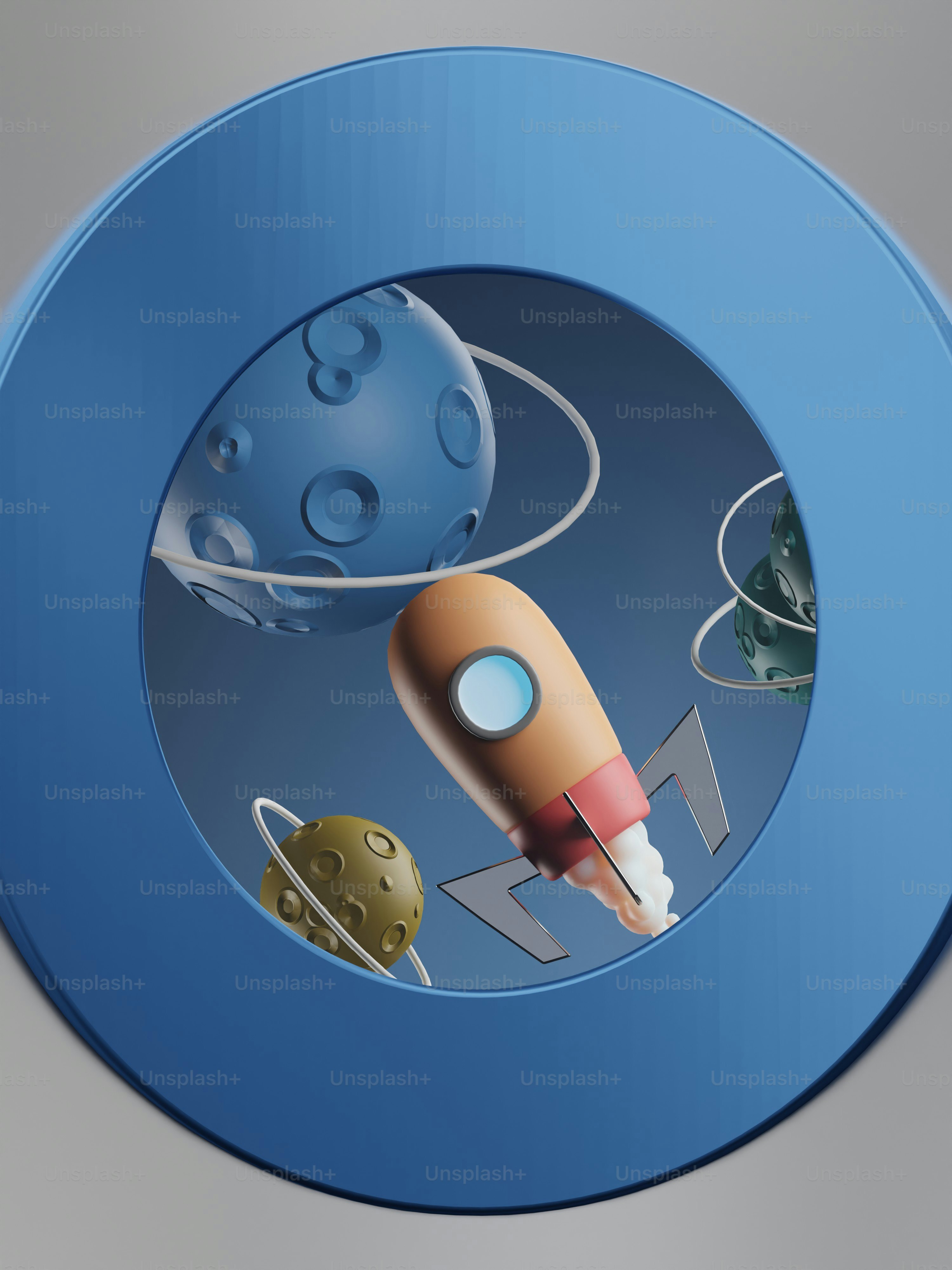 A blue button with a picture of a rocket and planets photo – Space ...