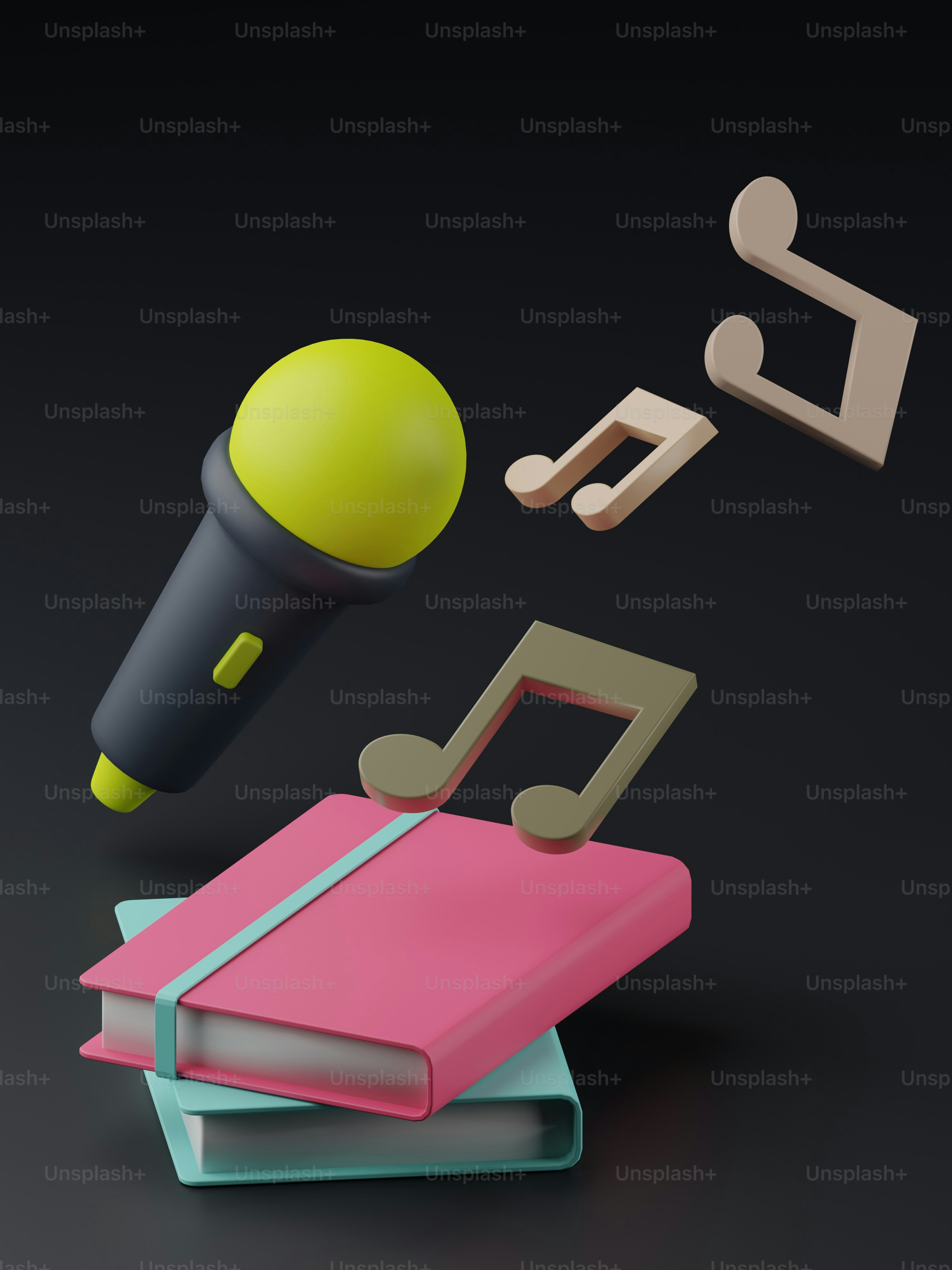 A microphone and a book with music notes coming out of it photo ...