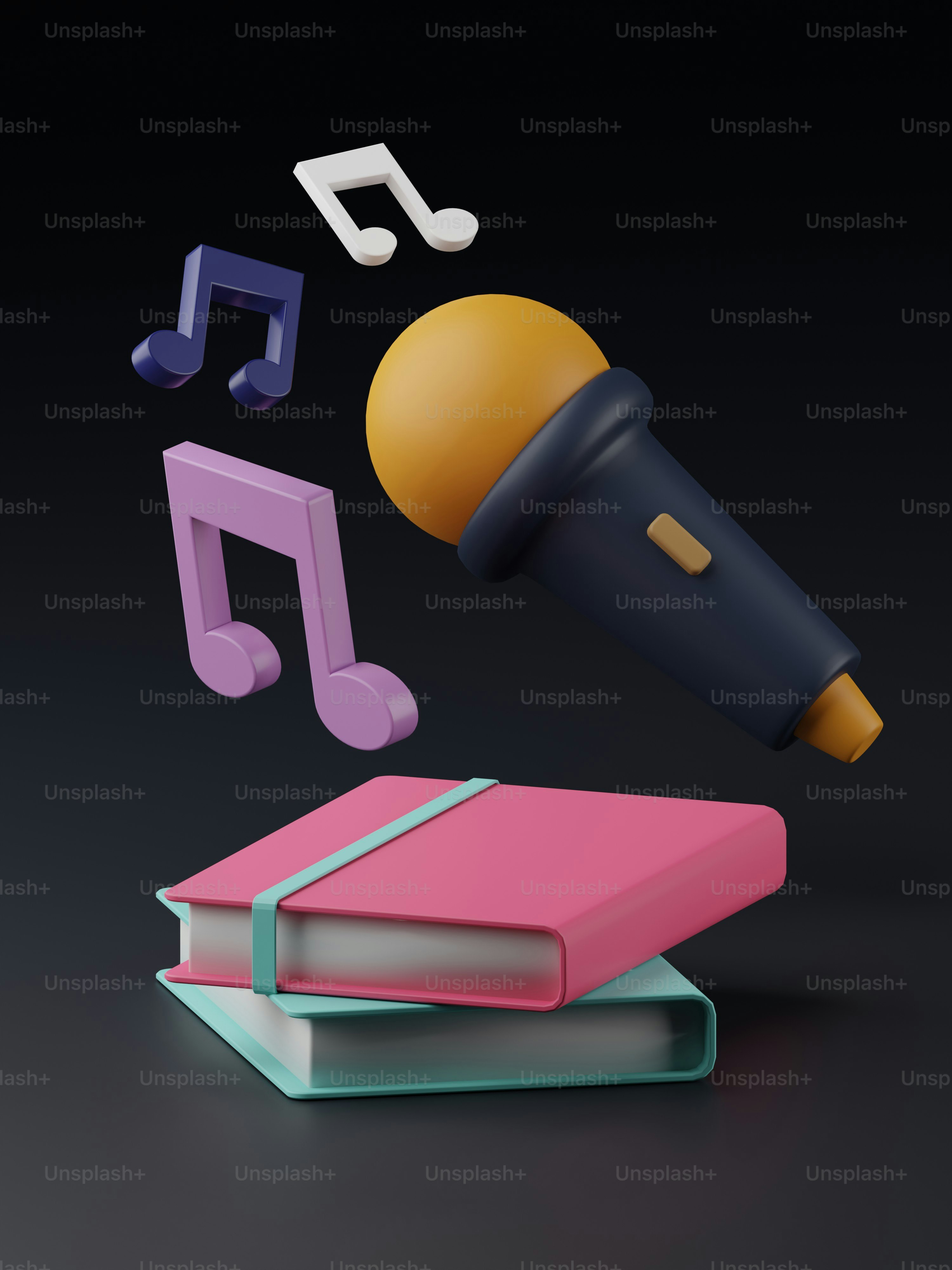 A microphone and a book with music notes coming out of it photo ...