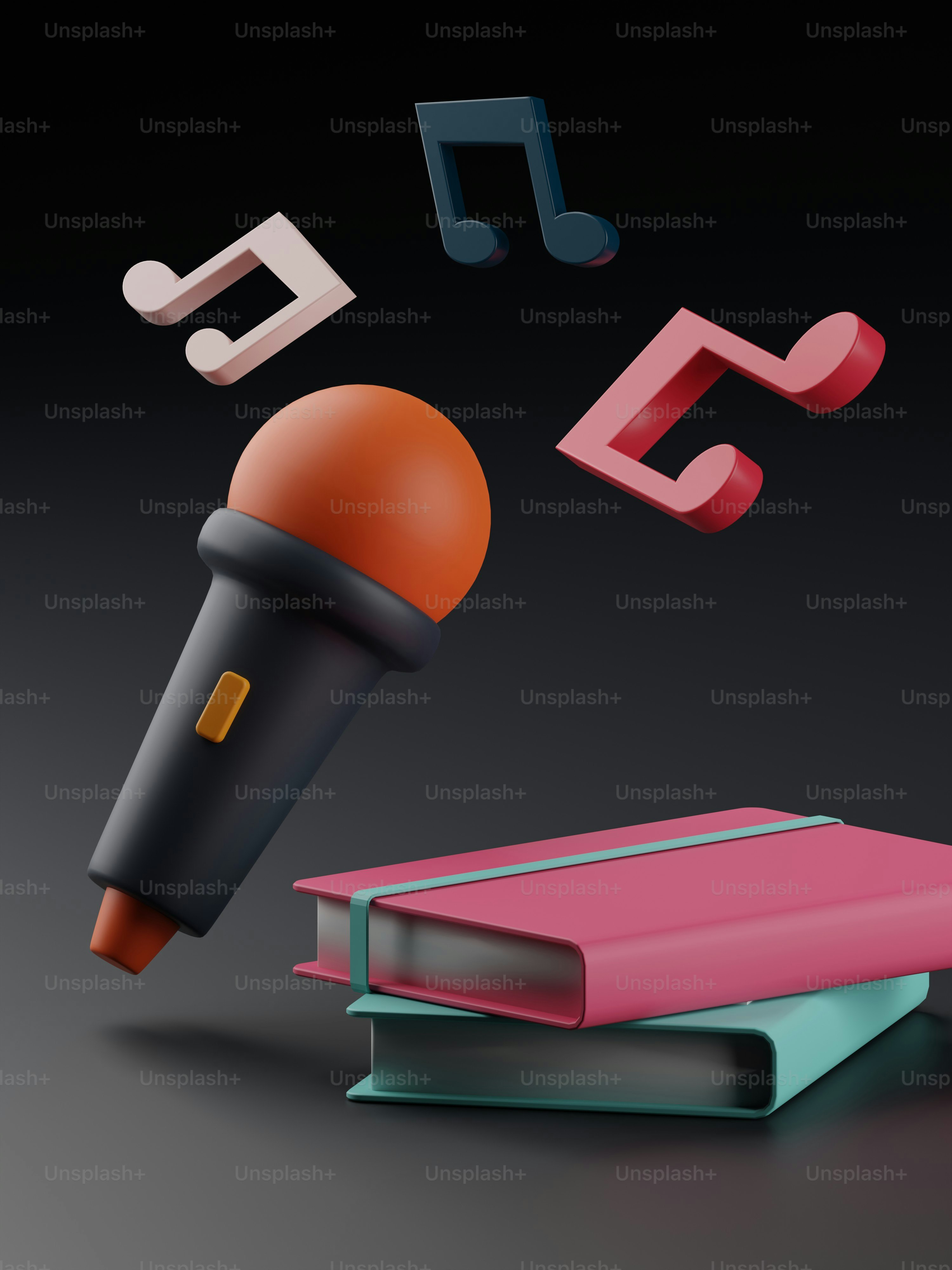 A microphone and a book with music notes coming out of it photo ...