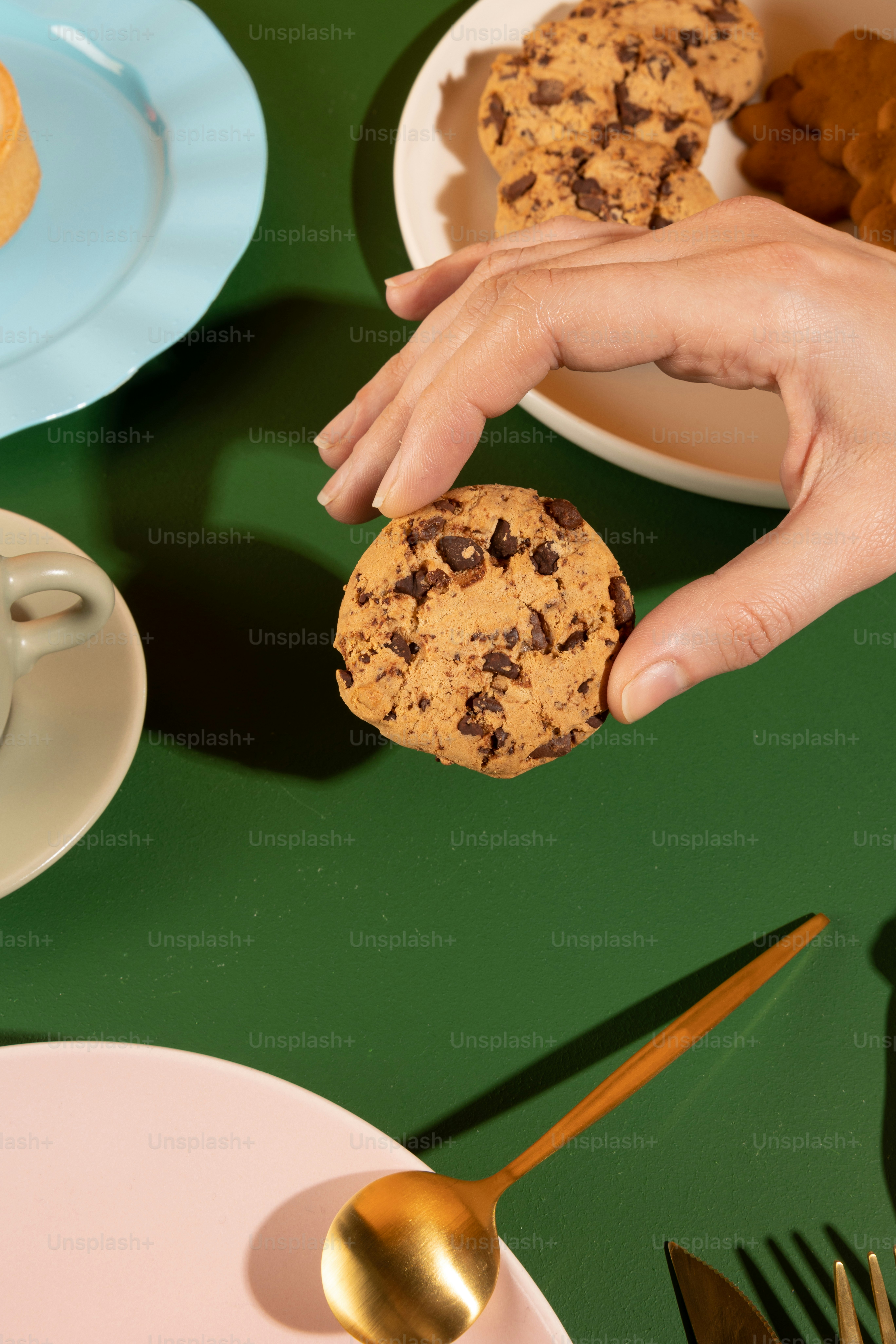 A person holding a cookie in front of a plate of cookies photo ...