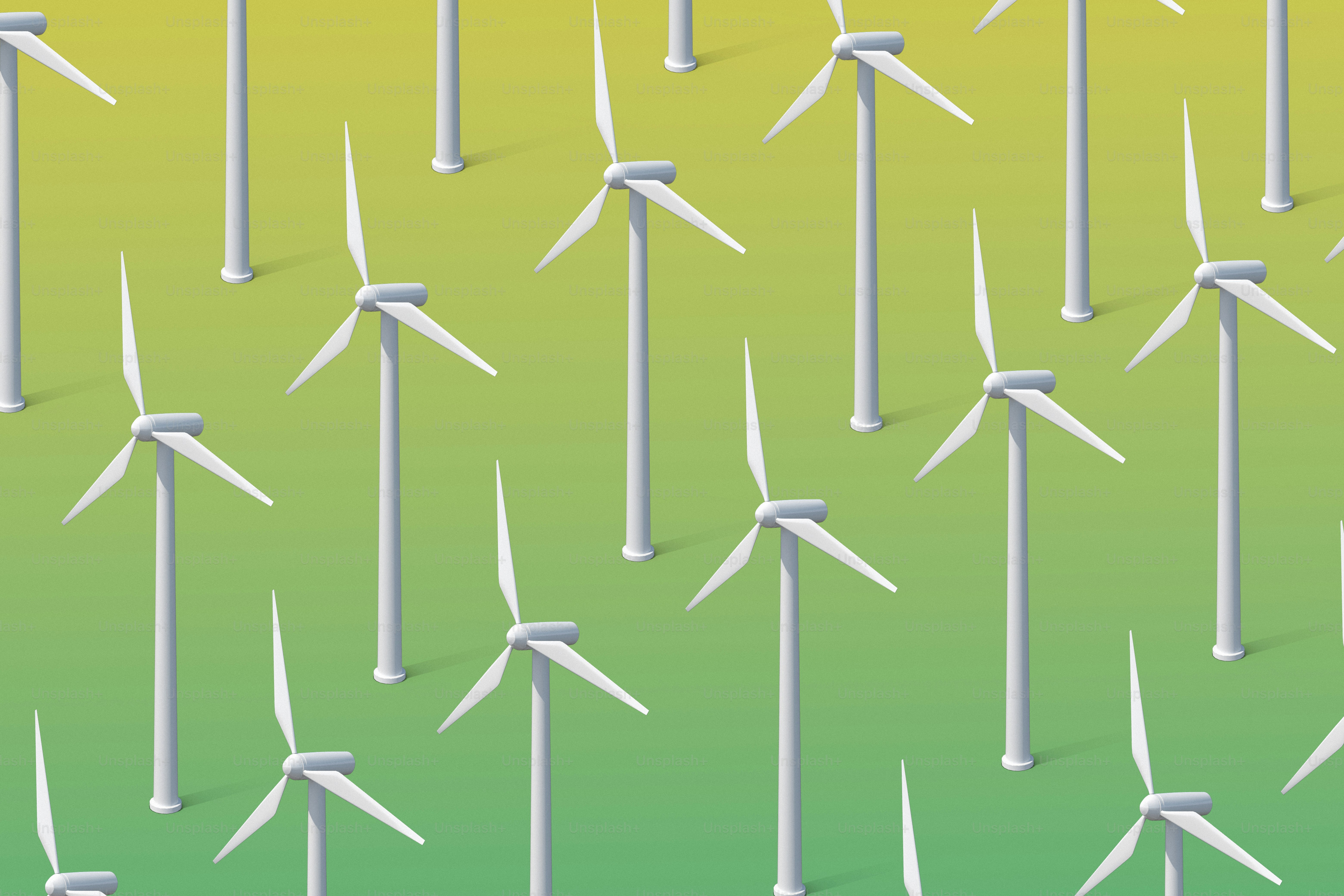 A large group of white wind turbines on a green and yellow background ...
