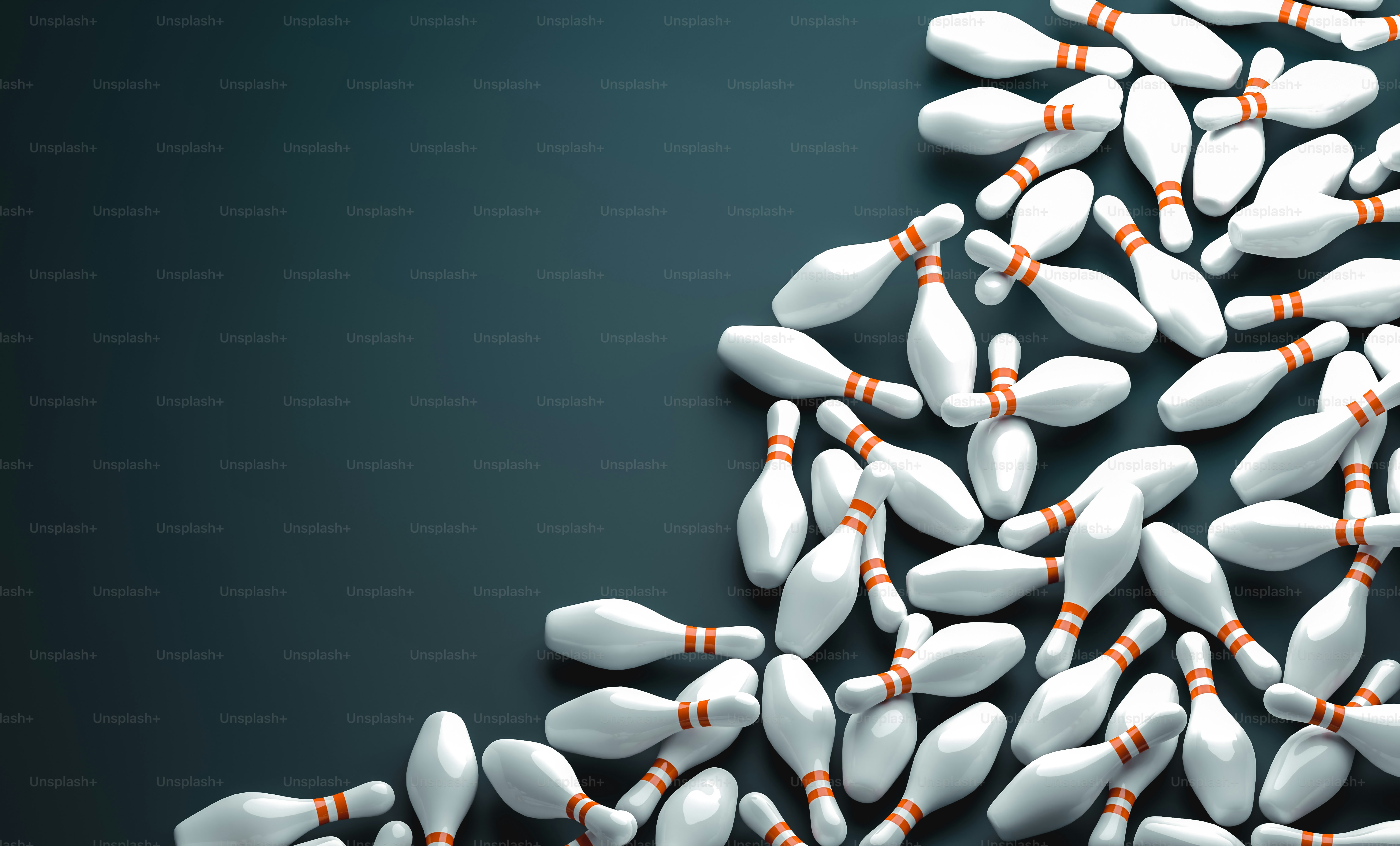 A bunch of white bowling pins with orange pins on them photo – Bowling ...